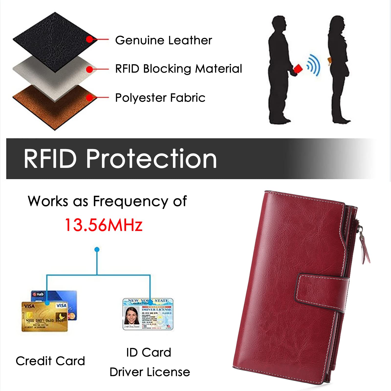 KELEEL Women Wallet RFID Blocking Large Capacity Genuine Leather Purse with ID Window Card Holder Organizer Zipper Pocket Clutch (Wine Red)