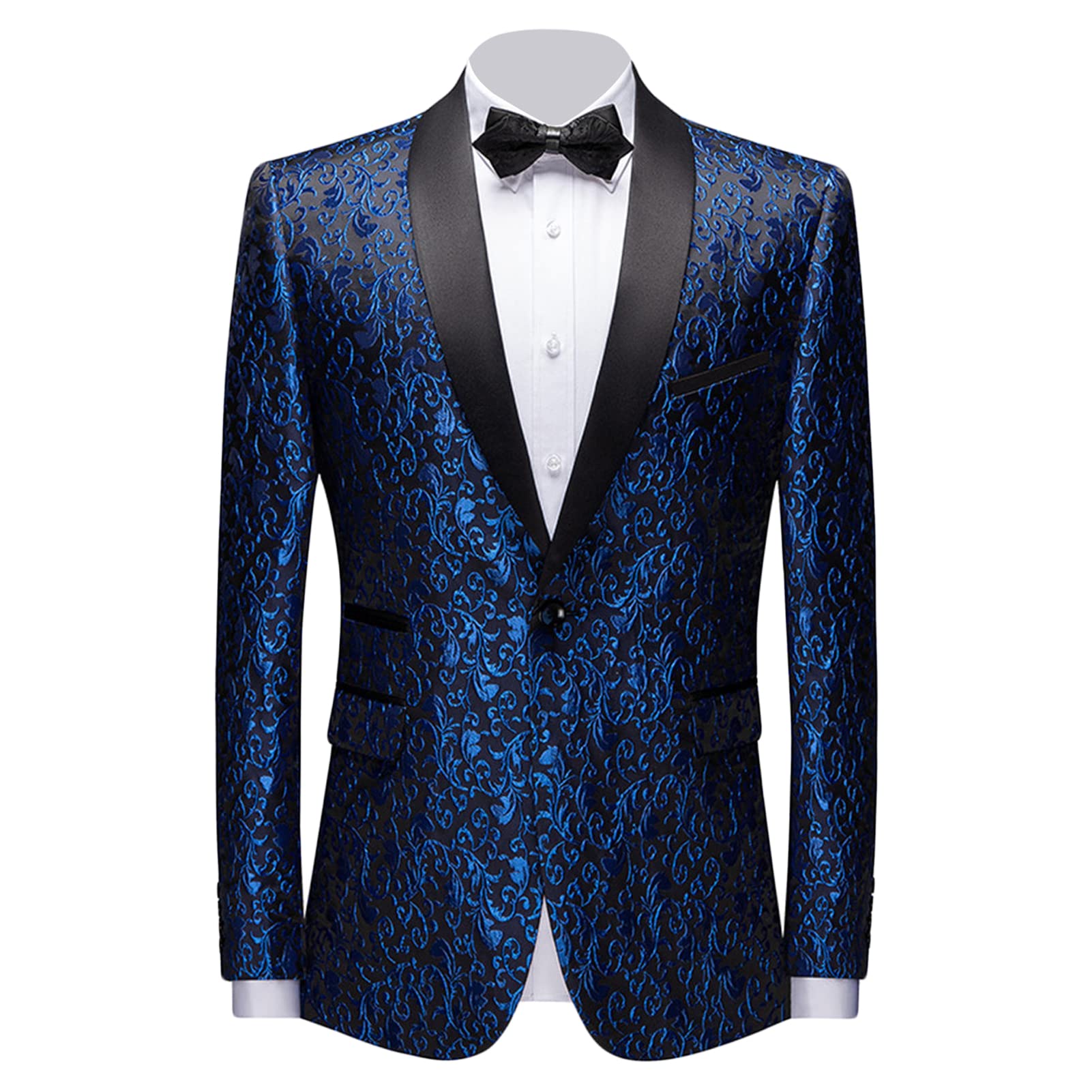 Men Floral Dress Suit Jacket Stylish Lapel Luxury Dinner Party Blazer Slim Fit Printed Wedding Sport Coat Tuxedo (Blue,Large)