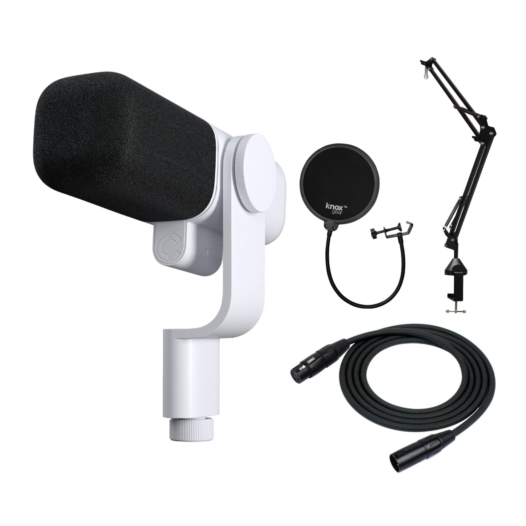 Logitech Blue Sona Active Dual-Diaphragm Dynamic XLR Microphone (Off-White) Bundle with Microphone Stand, XLR Cables, and Pop Filter (4 Items)