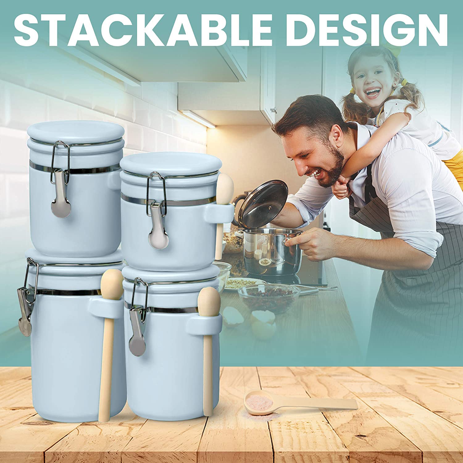 Home Intuition 4-Piece Ceramic Kitchen Canisters Set, Airtight Containers with Wooden Spoons Reusable Chalk Labels and Marker for Sugar, Coffee, Flour, Tea (Mint)