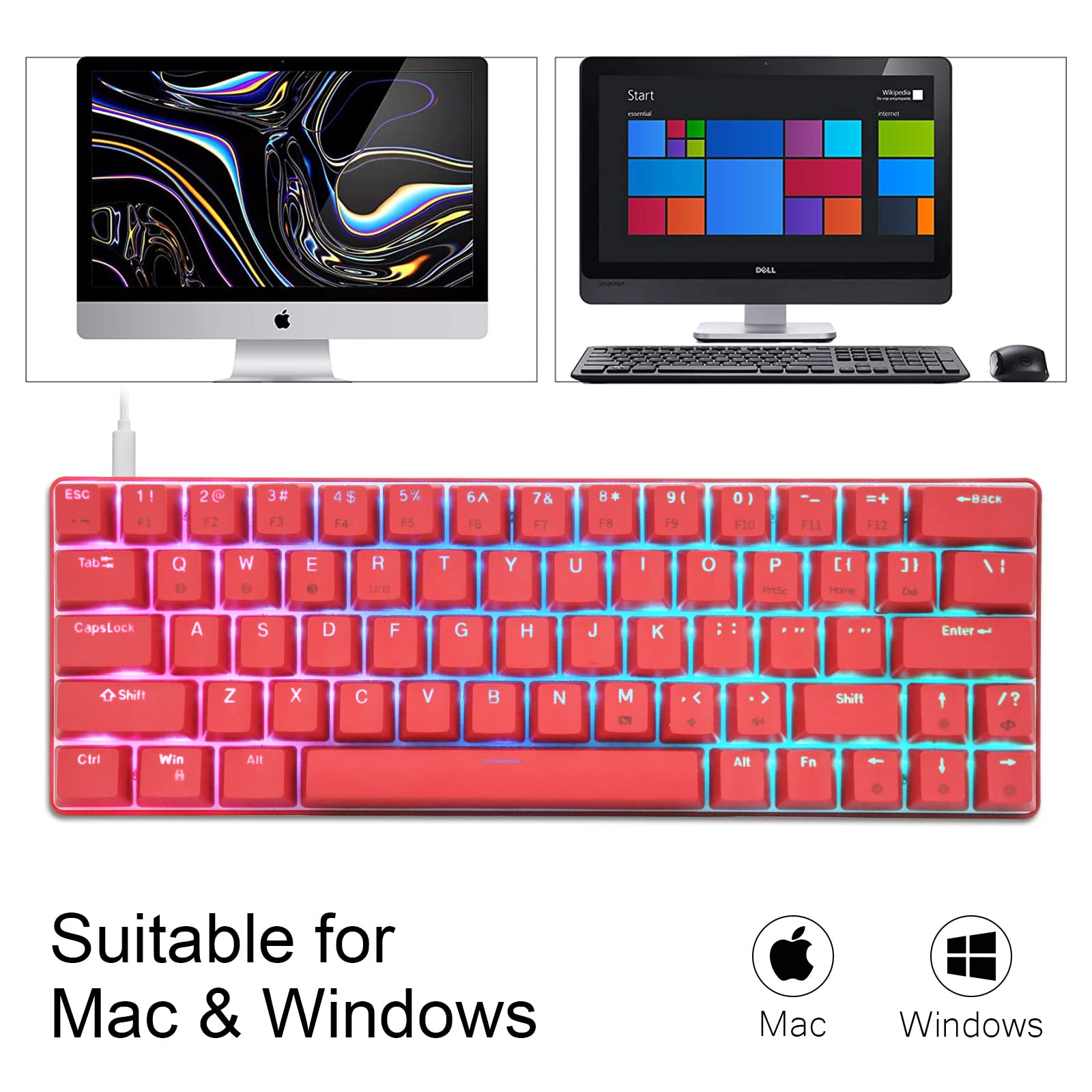 IEMUDJ CQ63 Mechanical Keyboard, Wired Wireless Gaming Keyboard, Outem Red Switch, RGB Backlit, Bluetooth 5.0, Compact 63 Keys, for desktop, laptop, Mac, Tablet, Gaming and Office
