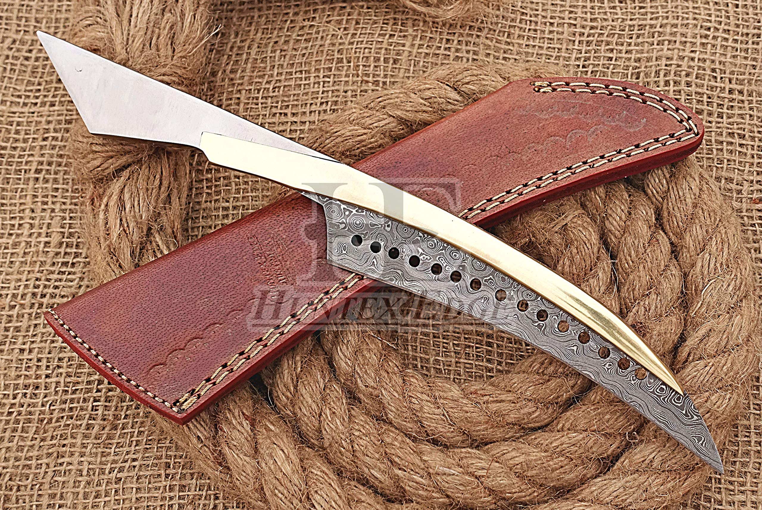 HUNTEX Custom Handmade Hand-Forged Rain Drop Pattern Damascus Steel 11 Inch Long Full Tang Steel-Brass Handle Razor Sharp Hunting Camping Hawkbill Knife w/Genuine Leather Pouch