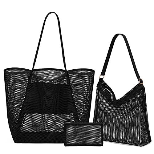 Lightweight Picnic Casual Tote Bag Enlarged Reinforced Hollow Hobo Women Foldable Shoulder Bag 3pcs For Beach Vacation