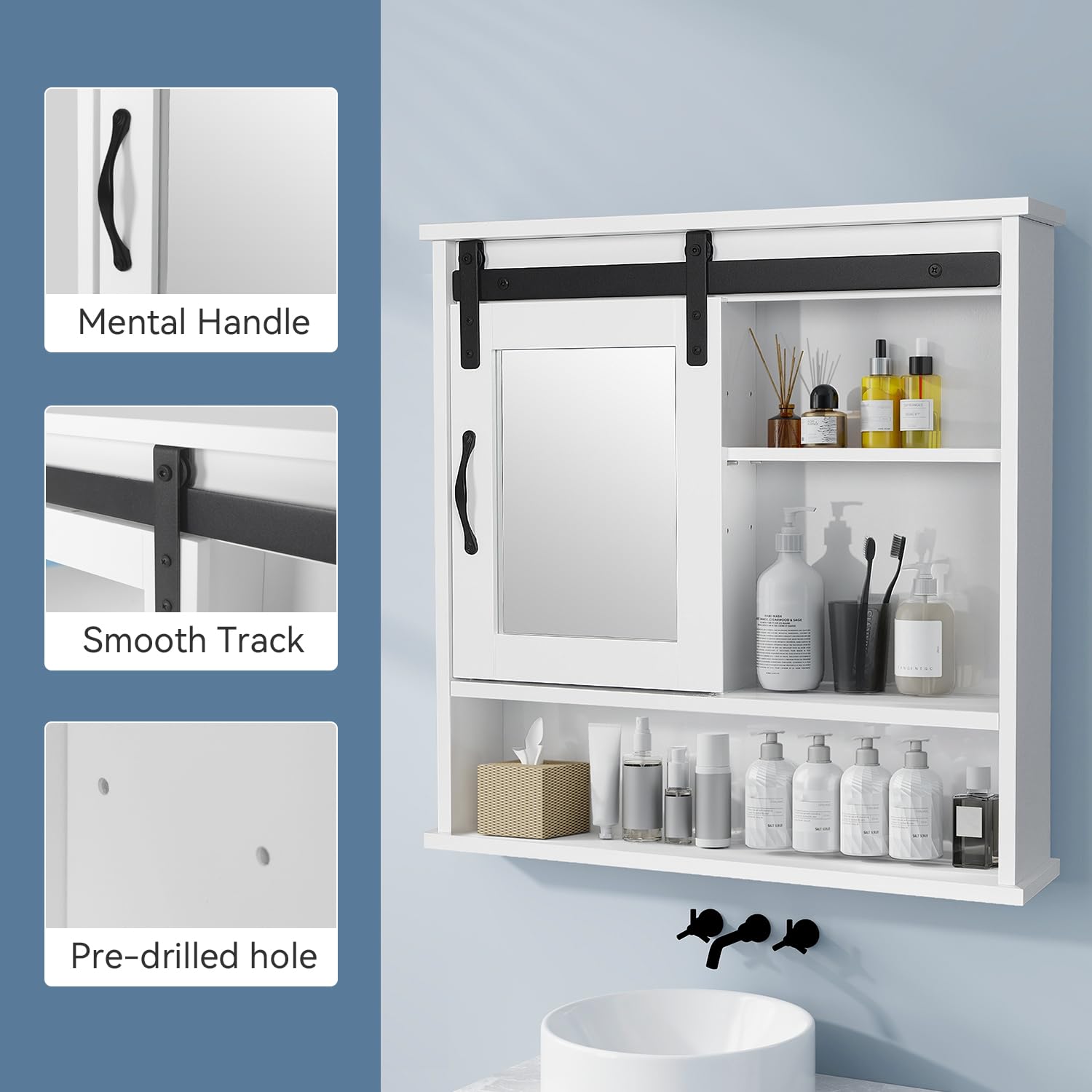 Puluomis Wall Mounted Medicine Cabinet - 5 Tier Rustic Wall Mounted Bathroom Storage Cabinet with Sliding Barn Door and Mirror