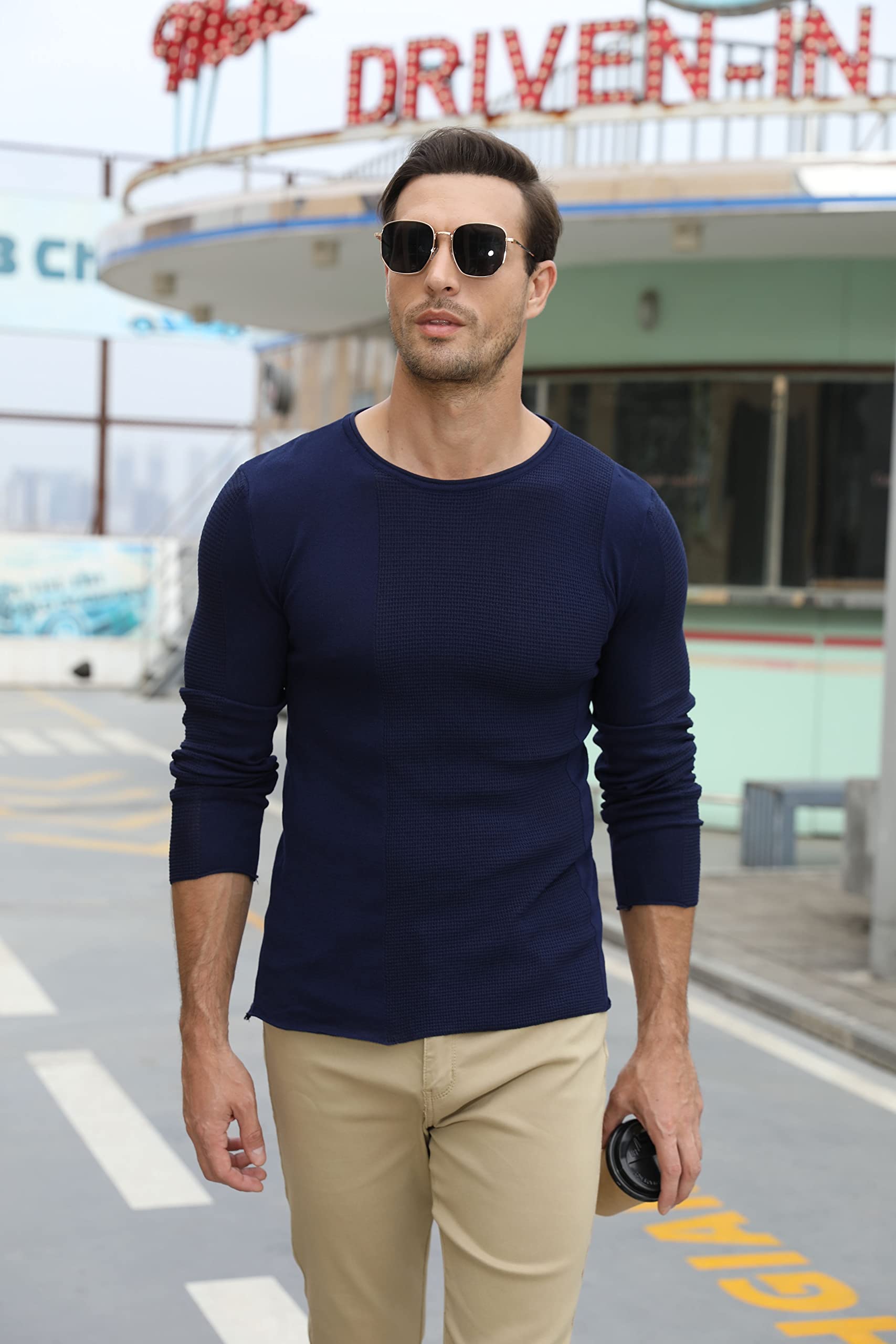 KELLORENA Men's Muscle T Shirts Stretch Long Sleeve Workout Tee Casual Slim Fit Gym Athletic T Shirts for Men Navy Blue