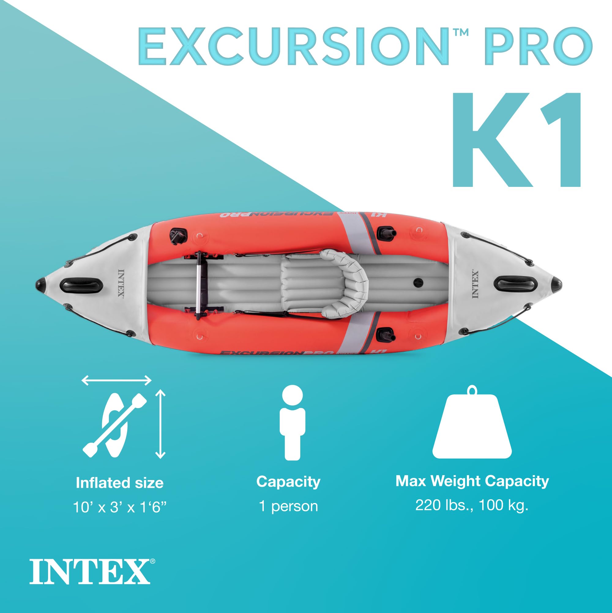 INTEX 68303EP Excursion Pro K1 Inflatable Kayak Set: Includes Deluxe 86in Kayak Paddles and High-Output Pump β SuperTough PVC β Adjustable Bucket Seat β 1-Person β 220lb Weight Capacity