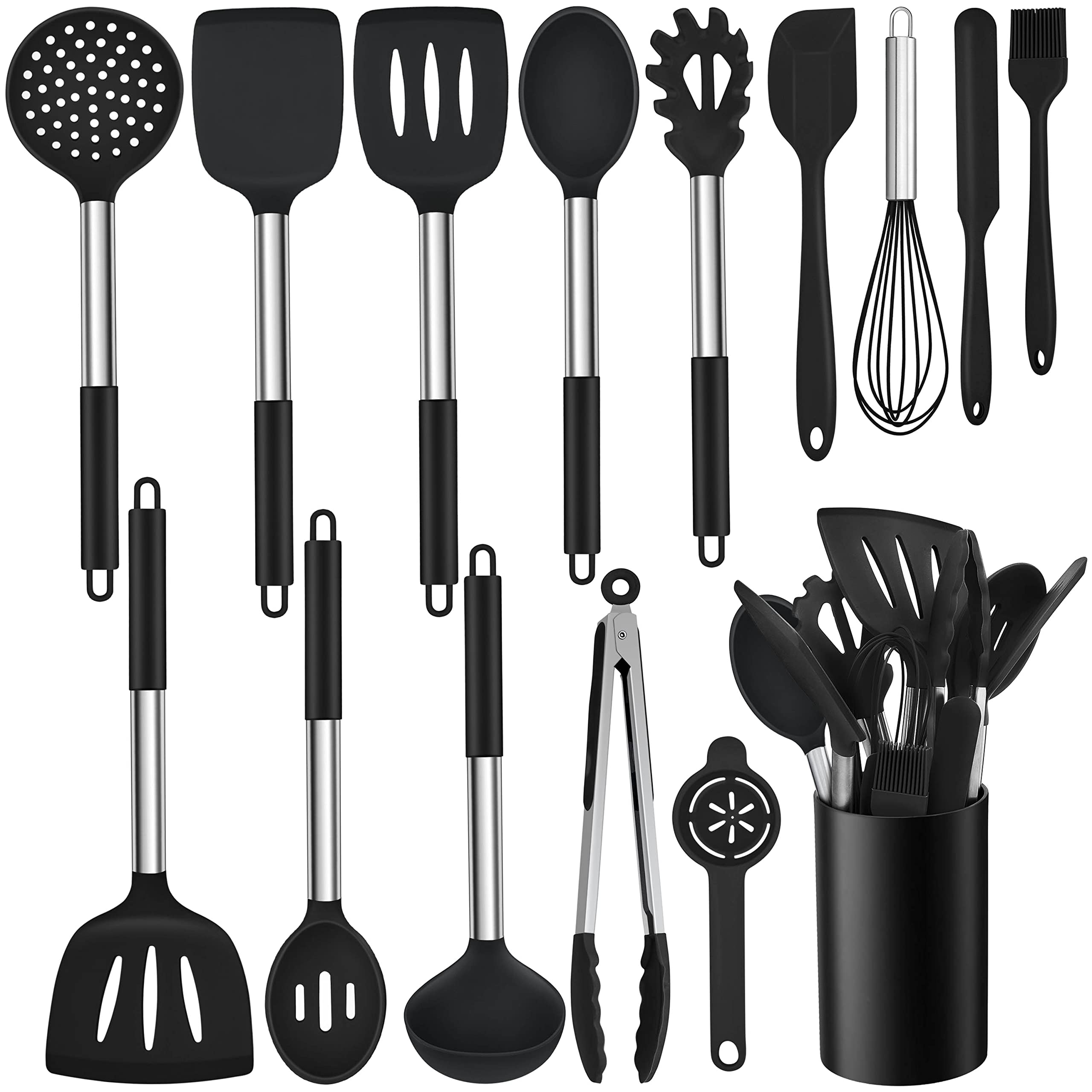 Homikit 15 Pieces Kitchen Cooking Utensils Set with Holder, Gray Silicone Utensil Sets Stainless Steel Handle, Nonstick Kitchen Tools with Spatulas Spoons Turner Tong for Cookware, Heat Resistant