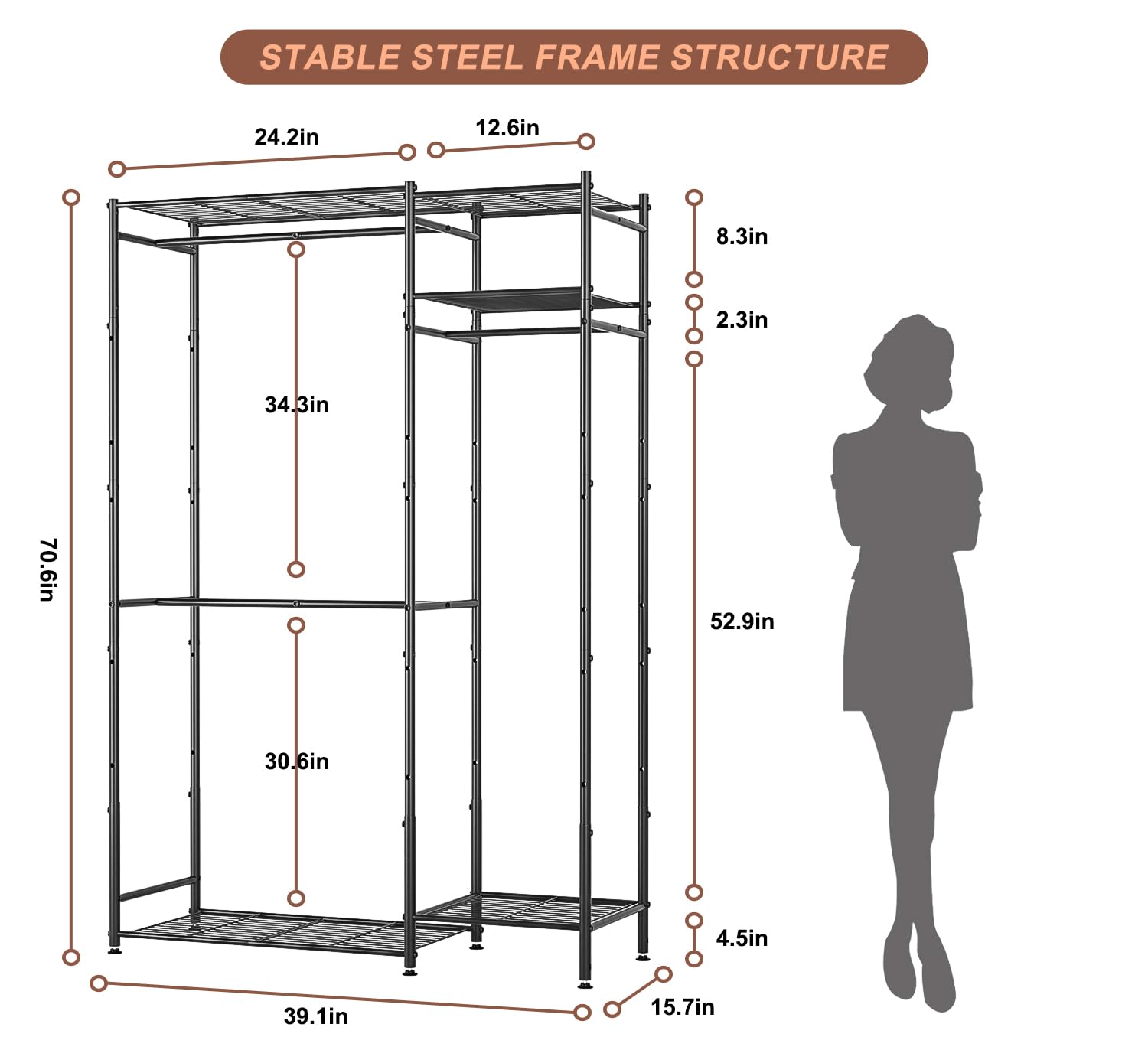 Portable Closets for Hanging Clothes, Freestanding Clothing Rack with 3 Hang Rods & 5 Shelves, Metal Wardrobe Garment Rack for Bedrooms Entrances