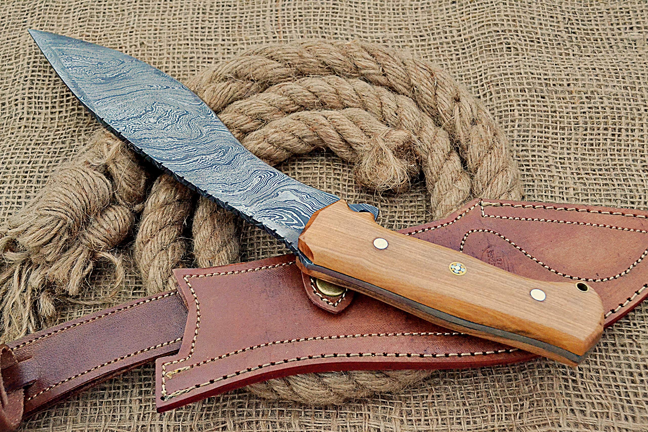 HUNTEX Handmade Hand-Forged Twist Pattern Damascus Steel 15 Inch Long Full Tang Natural Oak Wood Handle Razor Sharp Hunting Camping Kukri Knife w/Genuine Leather Sheath