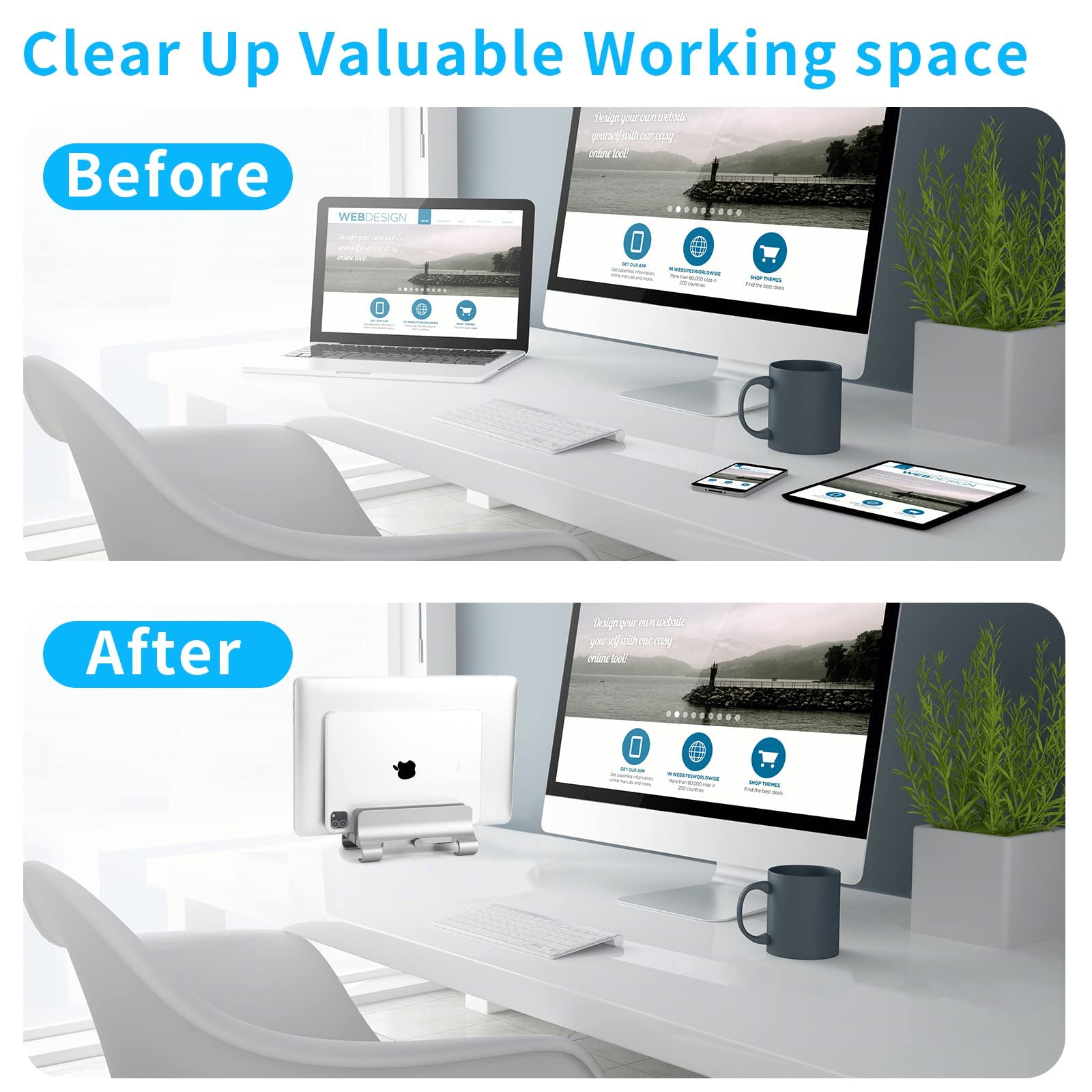 HOMIEBUDS Aeiniweraabbcc VHOB Vertical Laptop Stand,3 Slots Aluminum Desktop Holder with Multiple Laptop Stand,Compatible with Apple Notebooks?MacBook Pro,Surface,Chromebook and Gaming Laptops