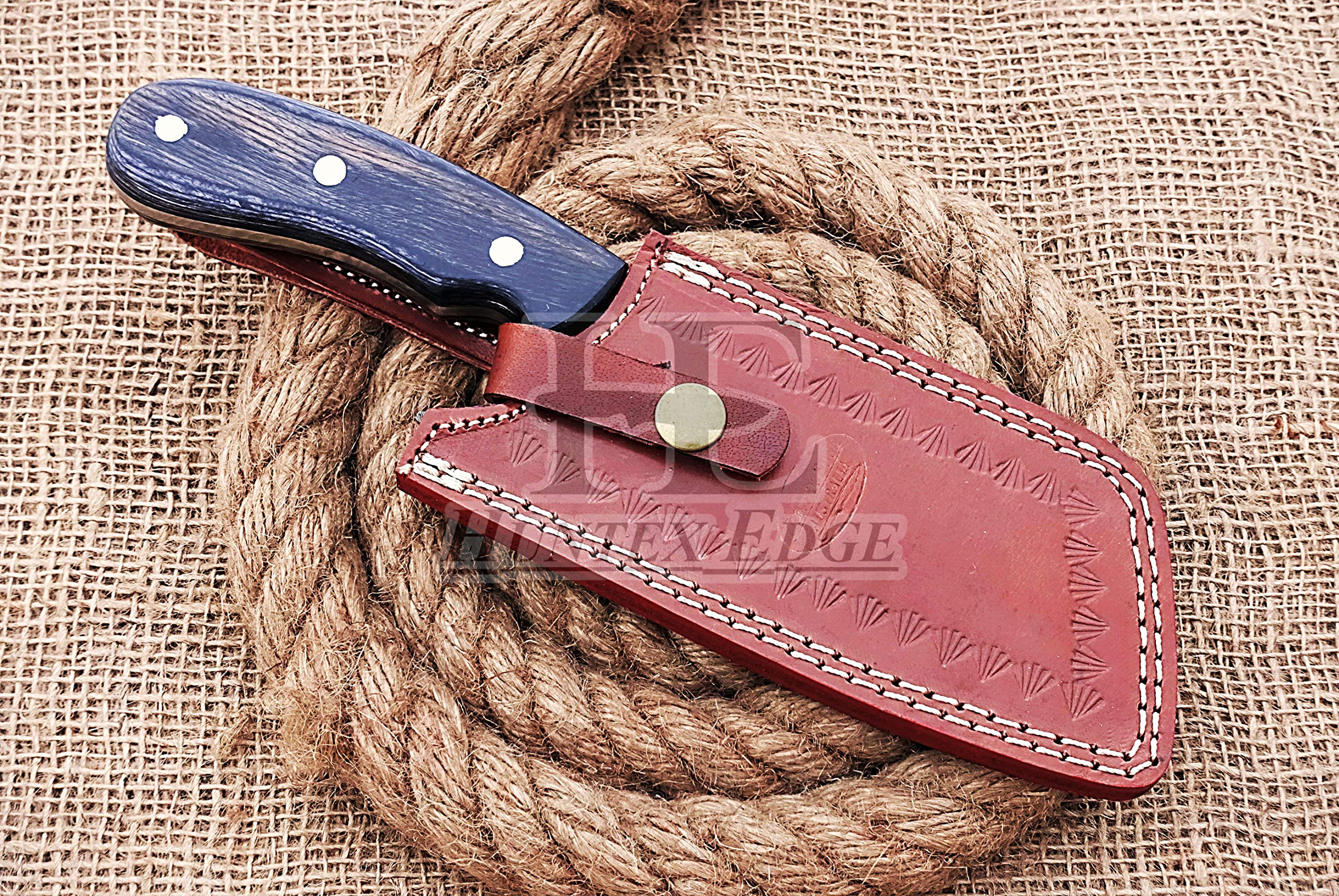 HUNTEX Handmade Hand-Forged Ladder Pattern Damascus Steel 9.5 Inch Long Full Tang Pakka Wood Handle Razor Sharp Hunting Camping Cleaver Knife w/Genuine Leather Sheath