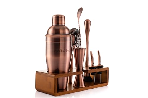 Mint & Mortar Cocktail Shaker Set, 7-Piece Bartender Kit with Stand, 24oz Martini Shaker Bottle Stainless Steel Bar Tools, Home Bar Accessories Drink Mixer, Barware Gift Set - Brushed Copper