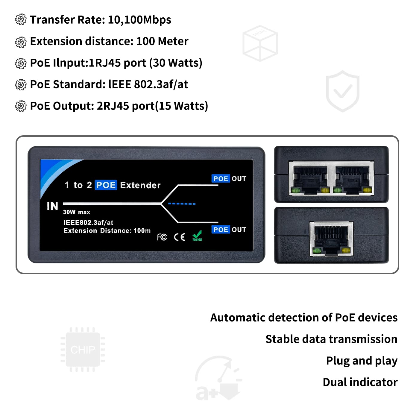 OIIXXV 1 Port POE Extender 10,100Mbps 100m(328 ft) POE Repeater IEEE 802.3af Standard for AP, IP Camera Over Cat5 or UTP Cables, 88mm*44mm*22mm (POE5503)