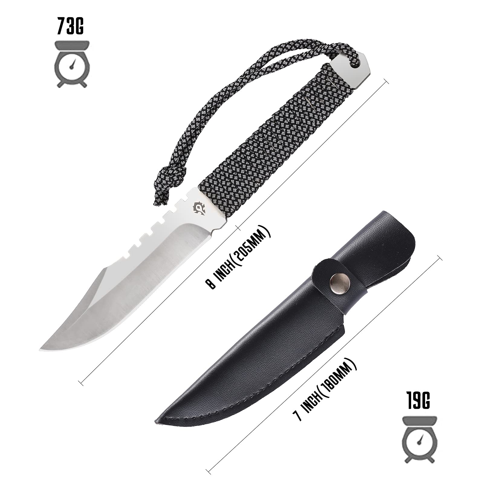ITZH 8.3 inch Full-Tang Stainless Steel Fixed Knife with Cordage Grip Handle and Leather Sheath for Outdoor, Tactical, Survival and EDC Tactical Hunting Knife. (Silver)