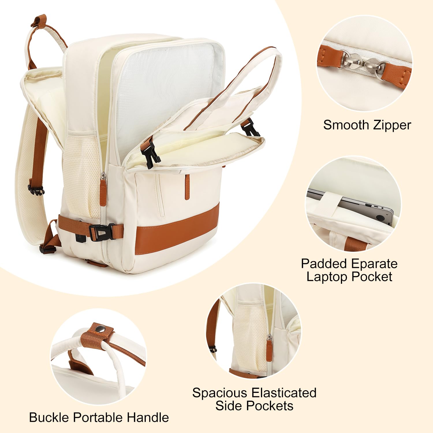 InduSKY Large Travel Backpack for Women, 40L Carry On Backpack Airline Flight Approved with USB Charging Port Shoes Compartment, Personal Luggage Backpack 15.6 Inch Laptop Backpack(Beige+Purple)