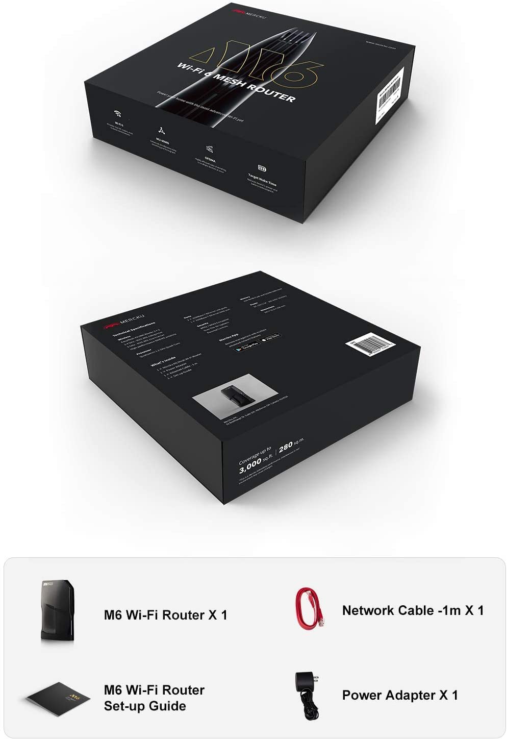 Mercku M6 Wi-Fi 6 Mesh Wi-Fi System 802.11ax Router Whole Home Coverages up to 3,000 sq.ft. Dual-Band Gigabit Wireless Internet App Control, 1 Pack, Cosmo Black