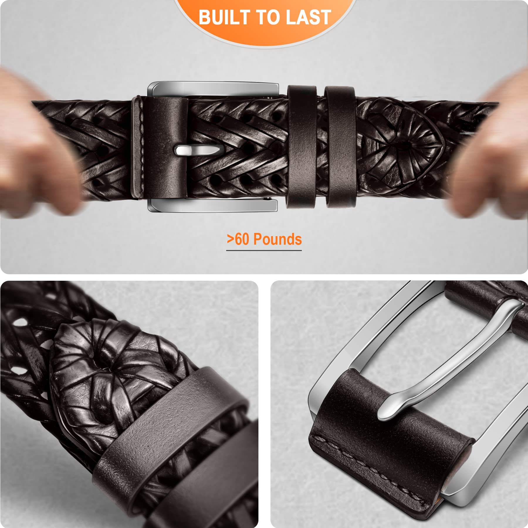 KEMISANT Mens belt 2 Pack, Woven Braided Leather Belt for Men Causal Golf Pants Polo Shirts Matching