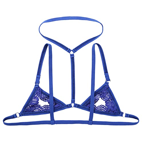 Men's Floral Hollow Out Strappy Bra Sissy Lace See Through Sheer Bralette Adjustable Straps Bikini Lingerie Top (Blue,Large)