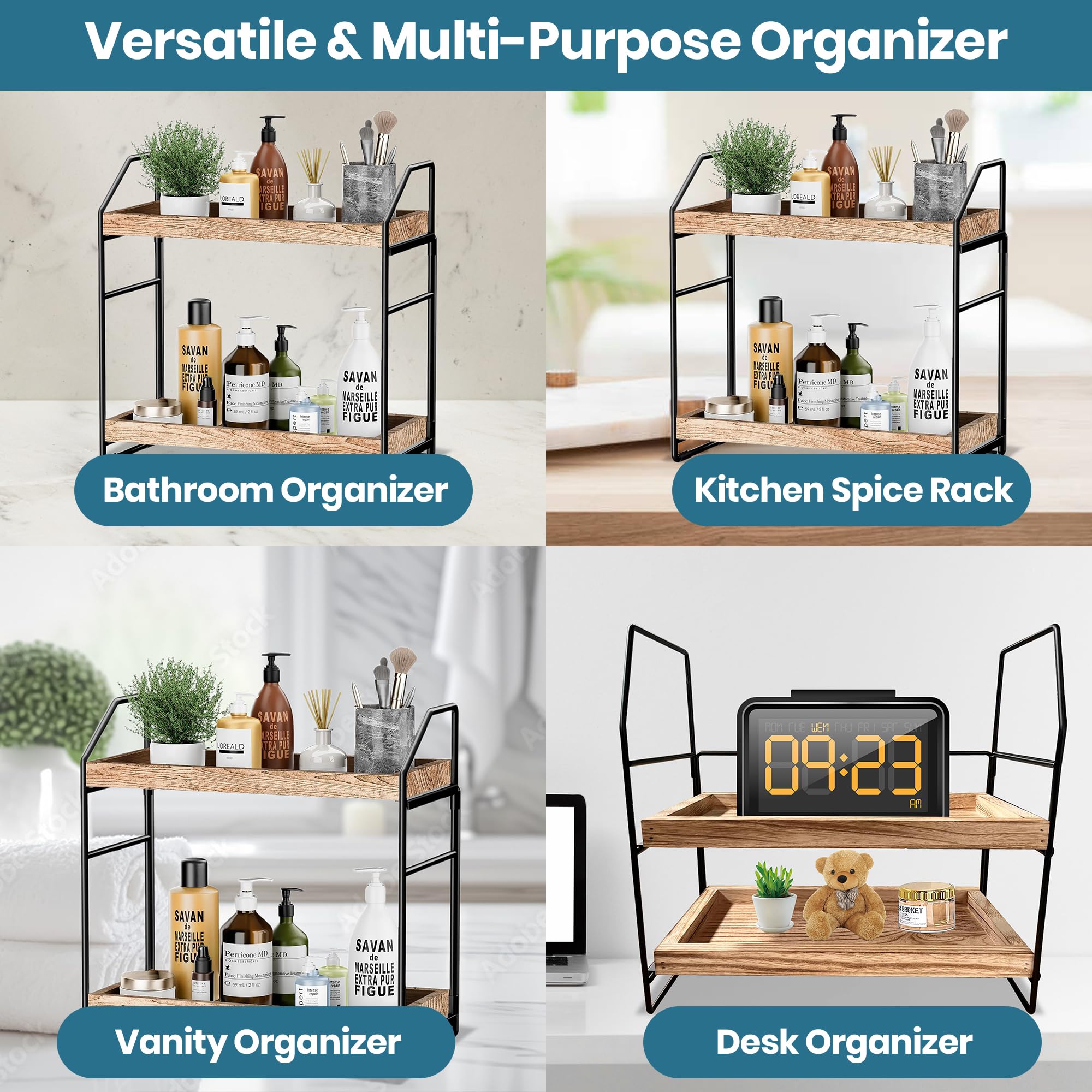 Queen Yasine 2-Tier Adjustable Bathroom Countertop Organizer with toilet paper holder β Quick Assembly, Solid Bamboo Wood Vanity Trays, Standing Cosmetic Storage Shelf for Bathroom, Bedroom or Kitchen