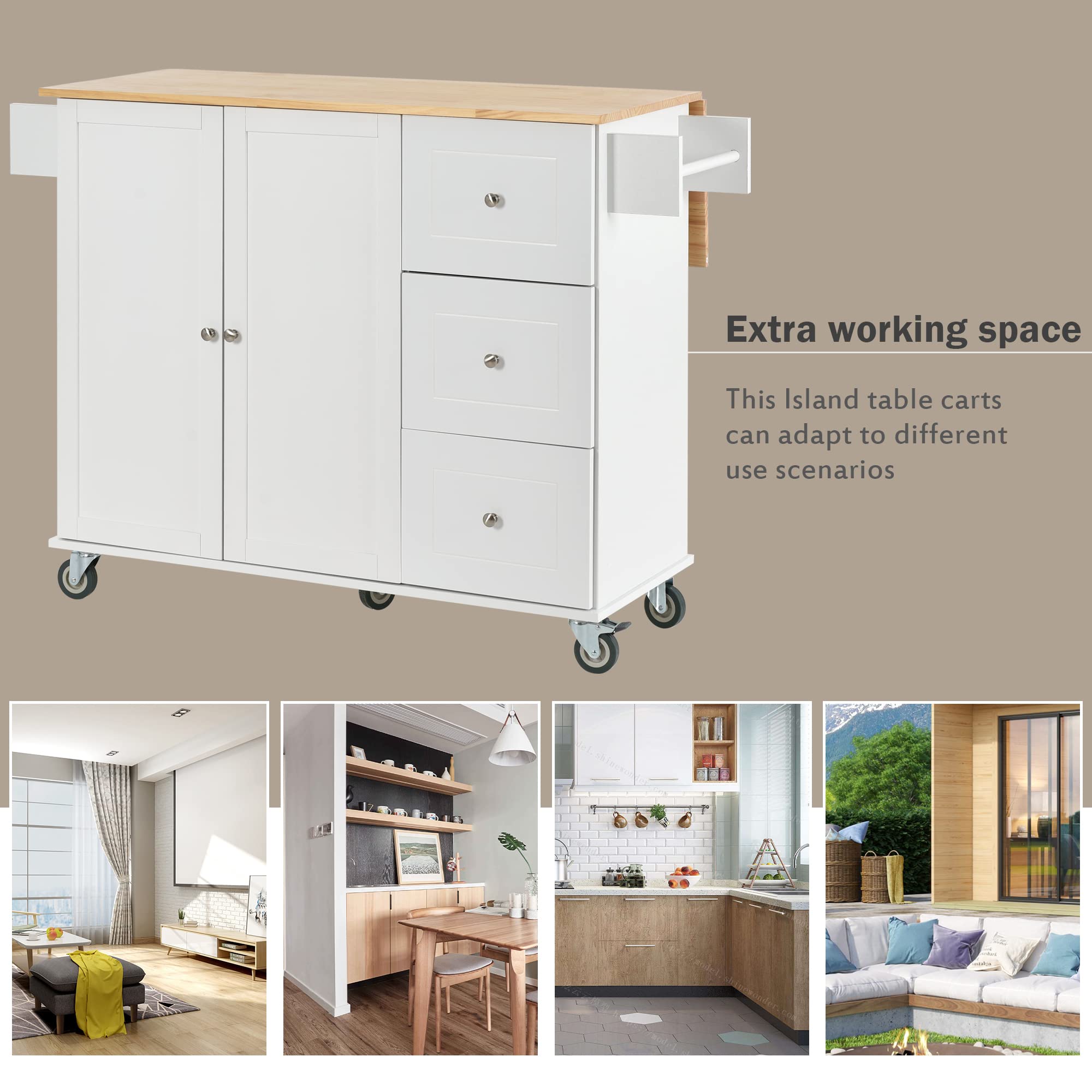 GLANZEND 52.7" Rolling Mobile Kitchen Island Cart with Drop Leaf Wood Top, Adjustable Shelves Coffee Bar Trolley on Lockable Casters & Storage Cabinet & 3 Drawers for Dining Room, White