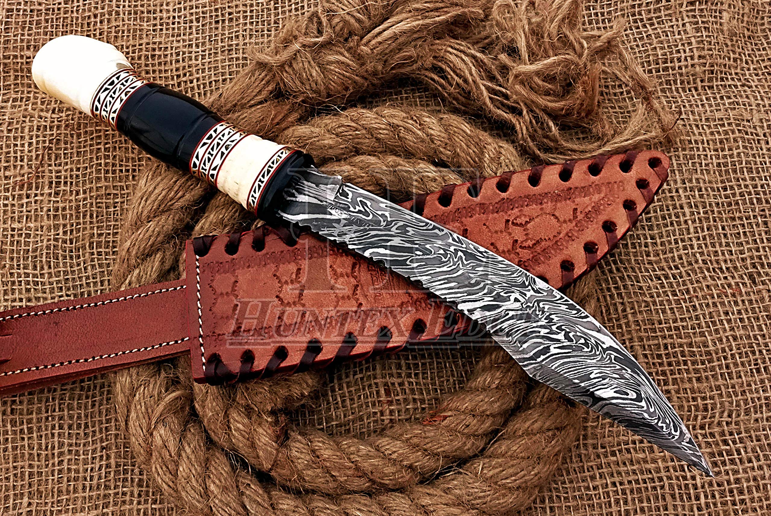 HUNTEX Unique Custom Handmade Hand-Forged Ladder Pattern Damascus Steel 12 Inch Long Full Tang Buffalo Horn Handle Razor Sharp Hunting Camping Spay Point Slicer Knife with Genuine Leather Sheath