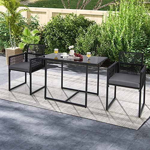 Tangkula 3 Pieces Outdoor Dining Set, Patio PE Rattan Furniture Set with Folding Backrest, Cozy Seat Cushions, Tempered Glass Tabletop, Space-Saving Rattan Chair Table Set for Backyard, Poolside