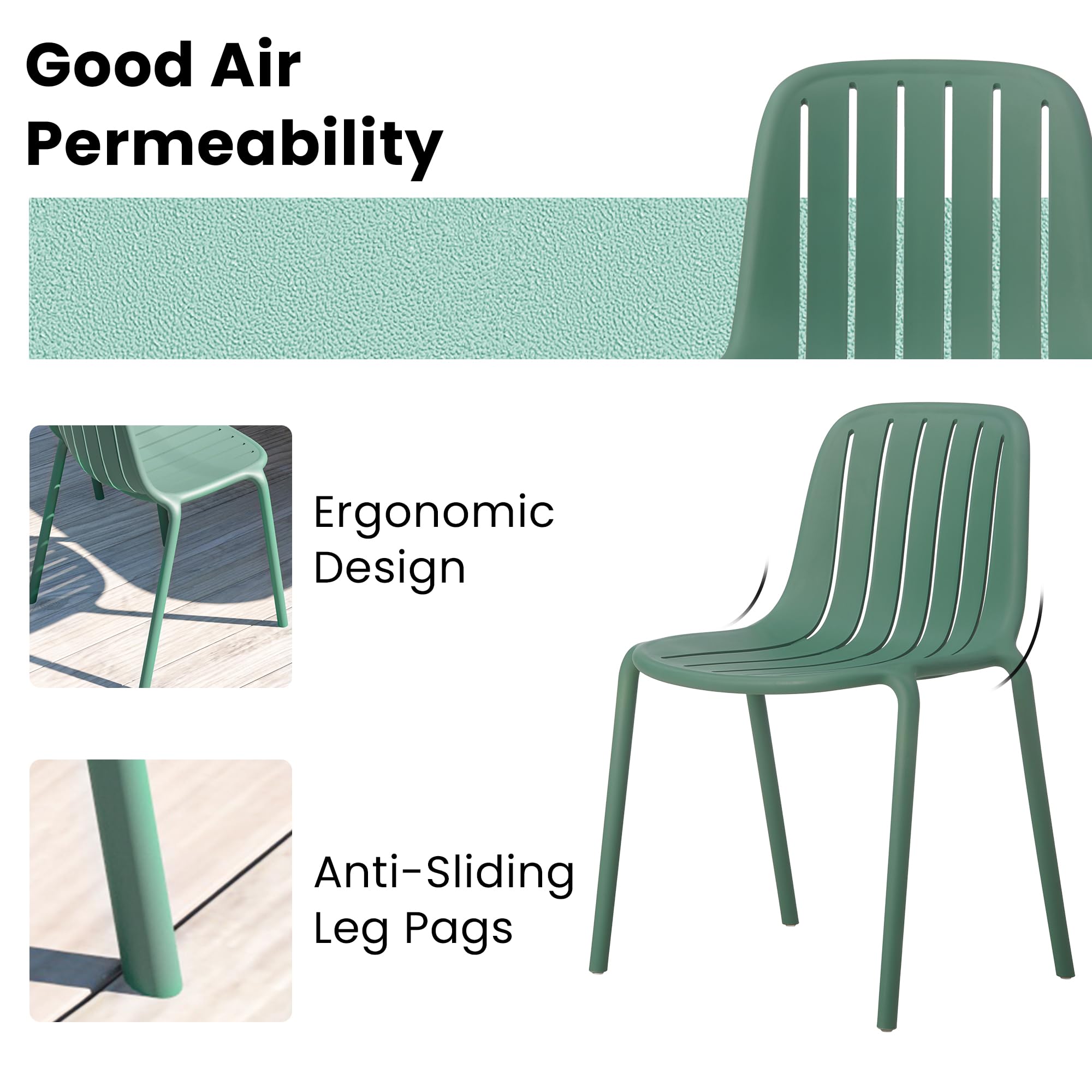 LESHI Patio Dining Chairs Plastic Stackable Chairs with Breathable Design Modern Simple Art Style for Dining Room Balcony Restaurant Kitchen Table Patio Indoor-Outdoor (Dark Green, 2 Pack-Armless)