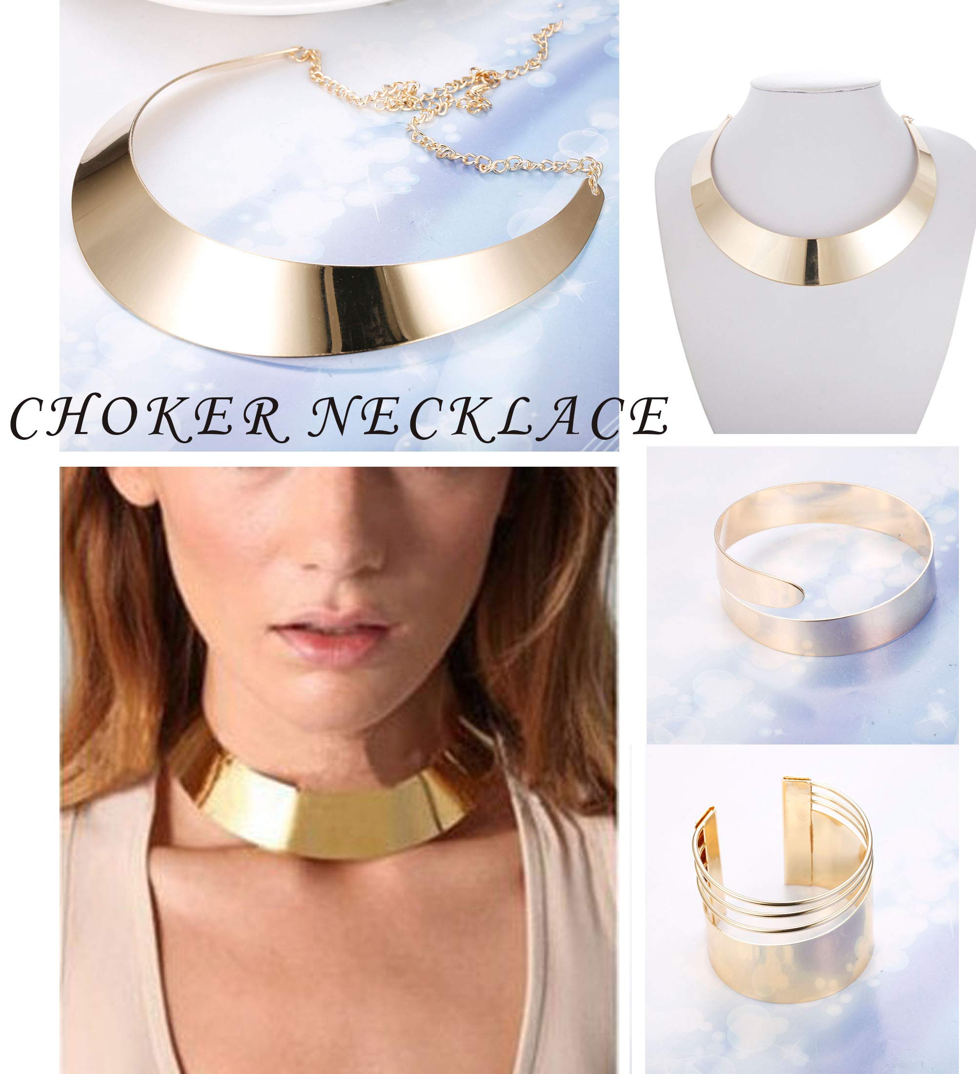 HANPABUM Women Gold Tone Choker Necklace and Cuff Bangle Bracelet Jewelry Set Exaggerated Punk Style (A:Gold Tone)