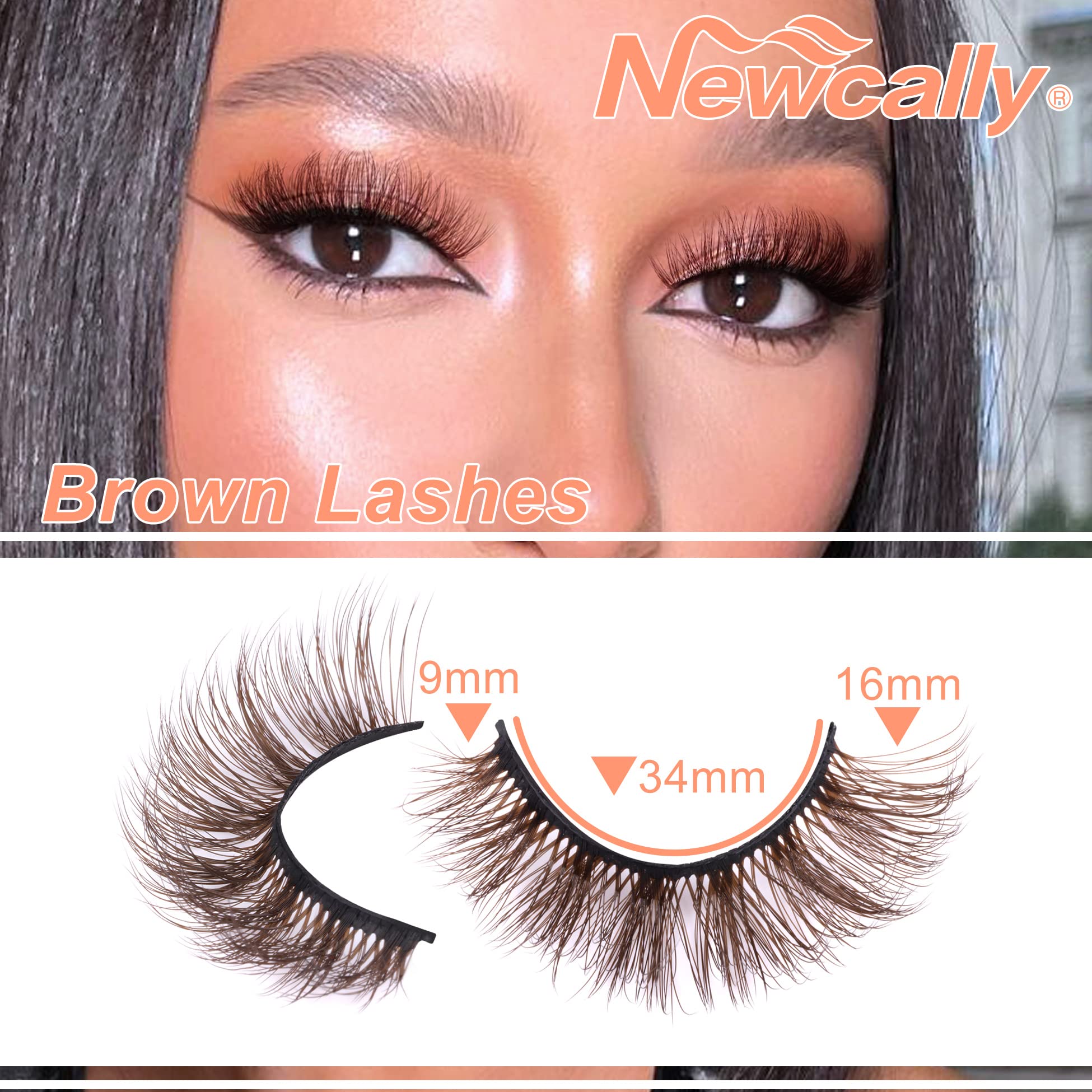 Newcally Brown Natural Lashes Wispy False Eyelashes 3D Colored Eyelashes Fluffy Cat Eye Lashes Mink Faux Curl Fake Lashes 14 Pairs Pack