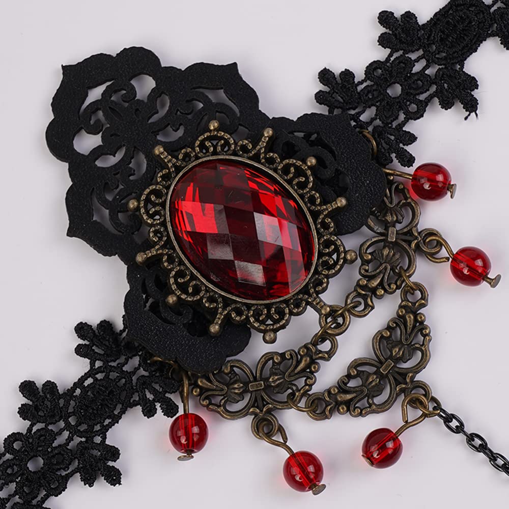 Kercisbeauty Black Lace with Ruby Red Rhinestones Bracelet Halloween Vampire Hand Harness with Finger Ring for Women Girls (Style 5)