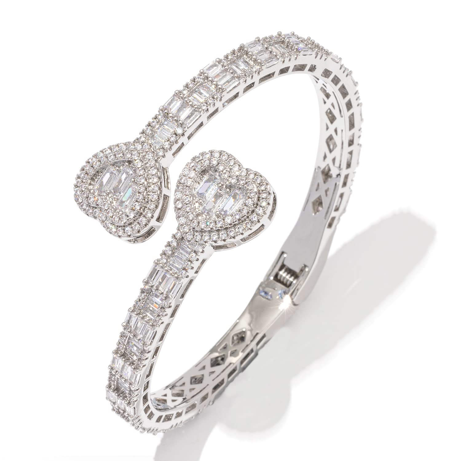 Lulu Mel Iced Out Baguette Diamond Bracelet Jewelry for Women, Hip Hop Mens 14k Gold Silver Plated Cubic Zirconia Bangle Bracelet, Men Heart Cuff Bracelet With Jewelry Box (Silver Heart, 8inch)
