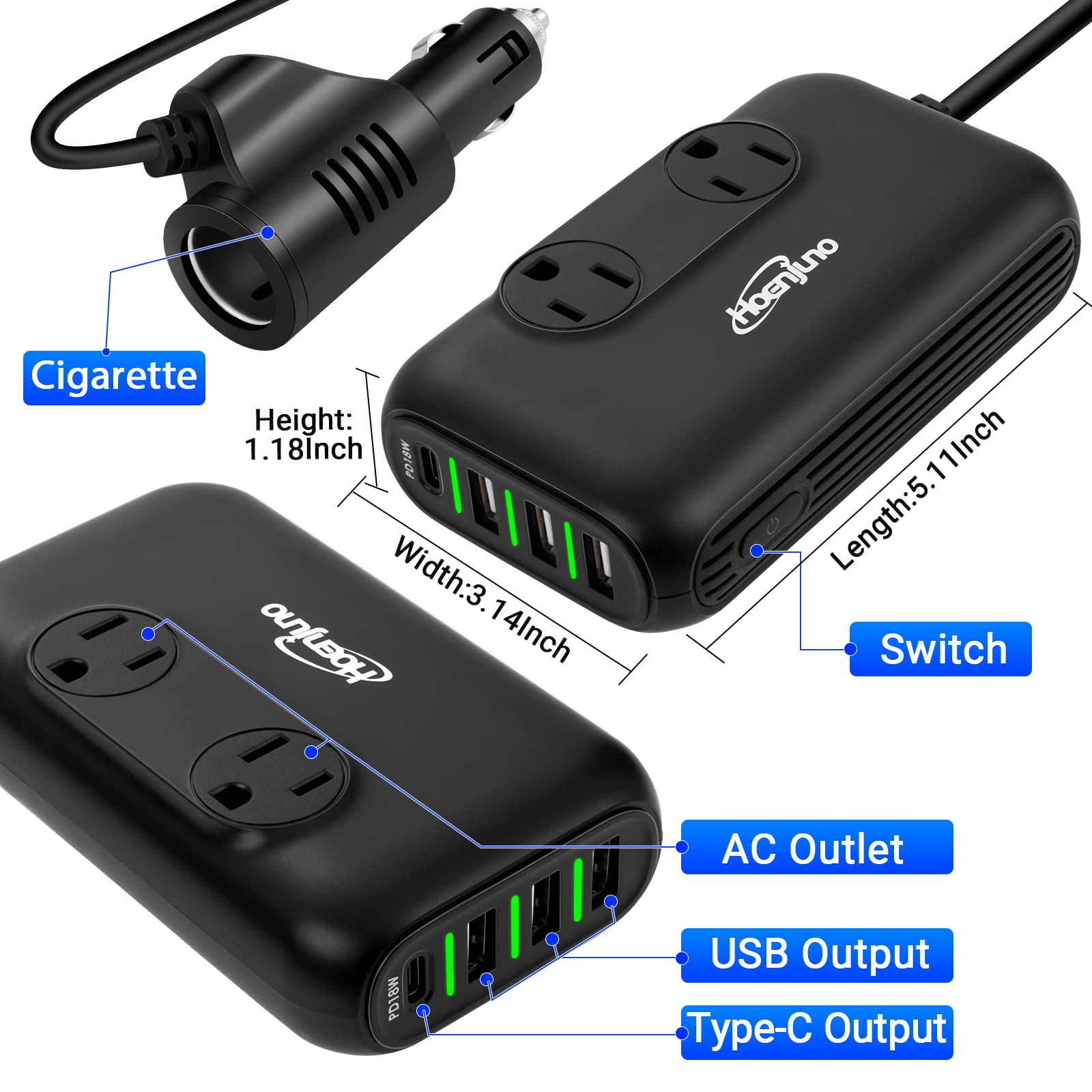 Hoenjuno 200W Car Power Inverter DC 12V to 110V AC Loptop Car Charger, 3 USB Ports Car Adapter Outlet Plug with 1 Type C Ports Black