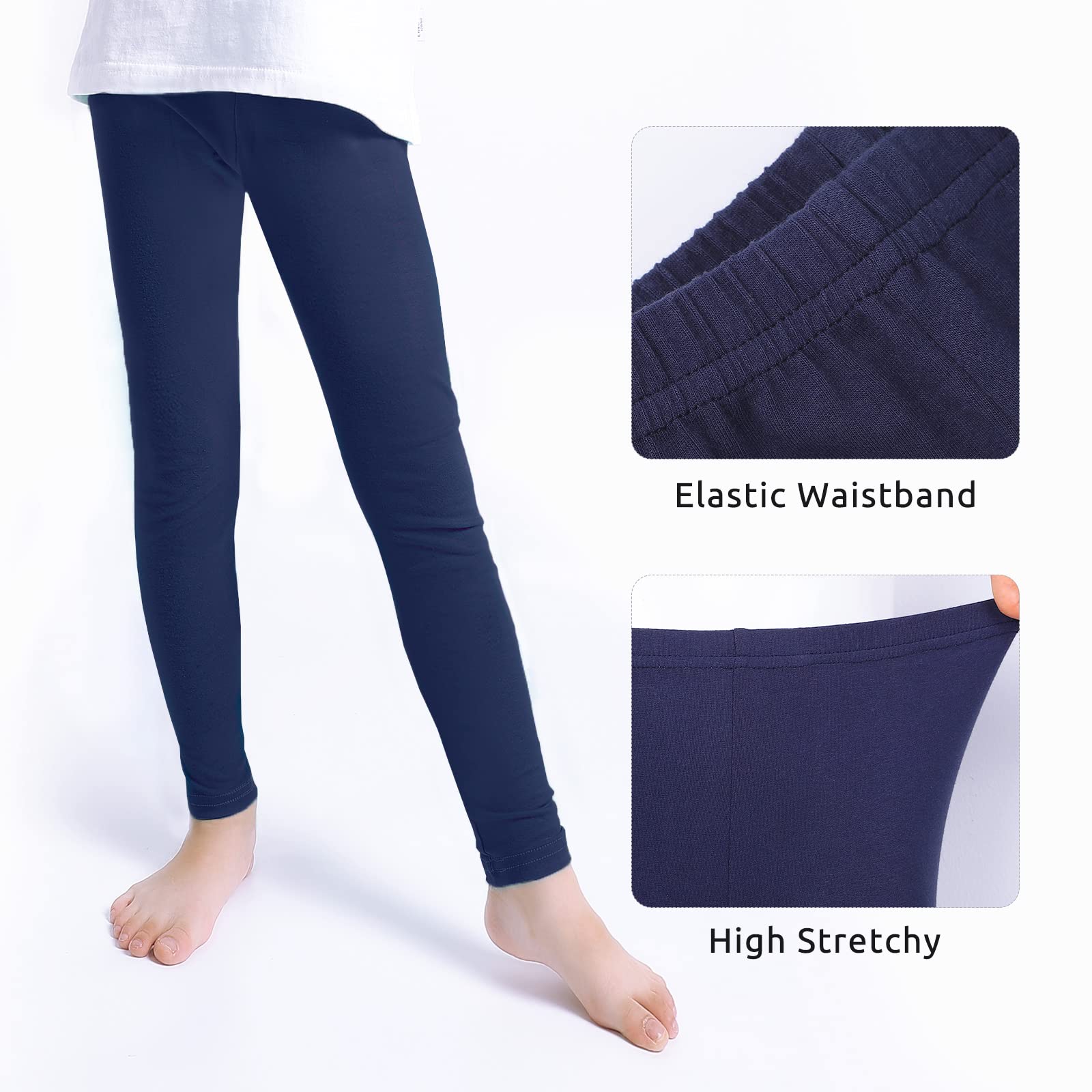 KEREDA 3 Pack Girls Leggings Toddler Full-Length Tights Knit Pants Size 6-7Y (Navy,Navy,Navy)