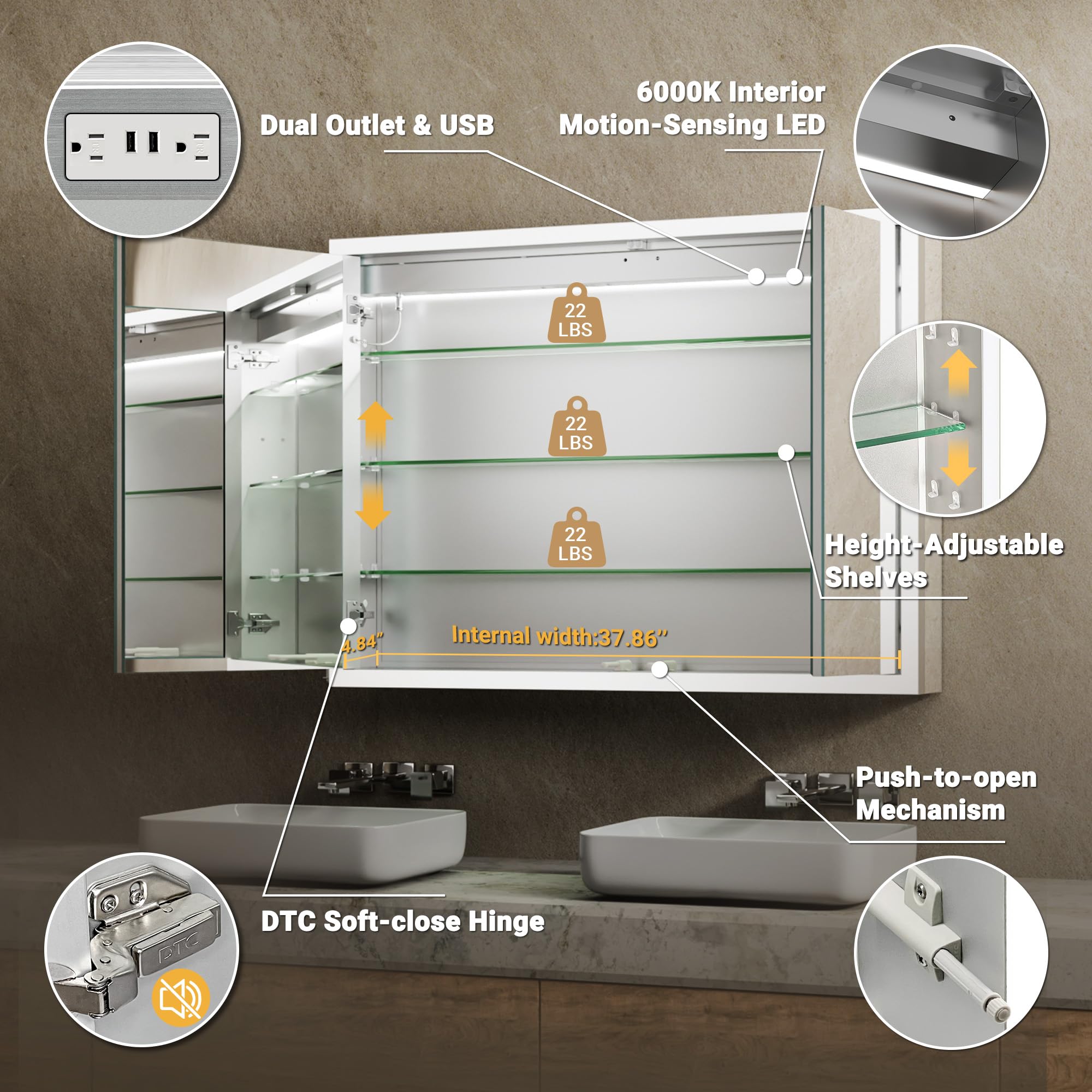 QueenFun 40x30 Recessed or Surface LED Medicine Cabinet with Mirror, 3 Color Dimmable Fogless Lighted Medicine Cabinet with Outlet and Adjustable Shelves,Time Display & Built-in Auto-Sensing Light