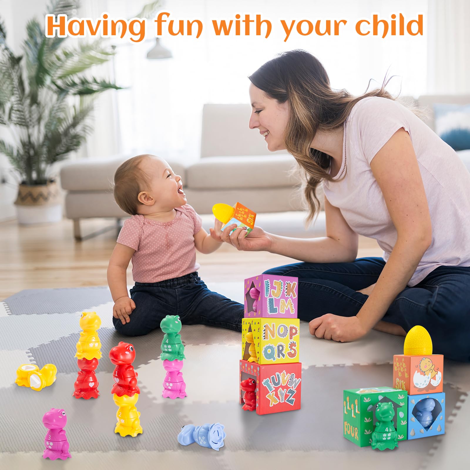 MITCIEN Dinosaur Stacking Blocks Toys for Toddlers, Toddlers Preschool Learning Toys Number Stacking Nesting Boxes, Preschool Educational Toys with Dinosaur&Egg