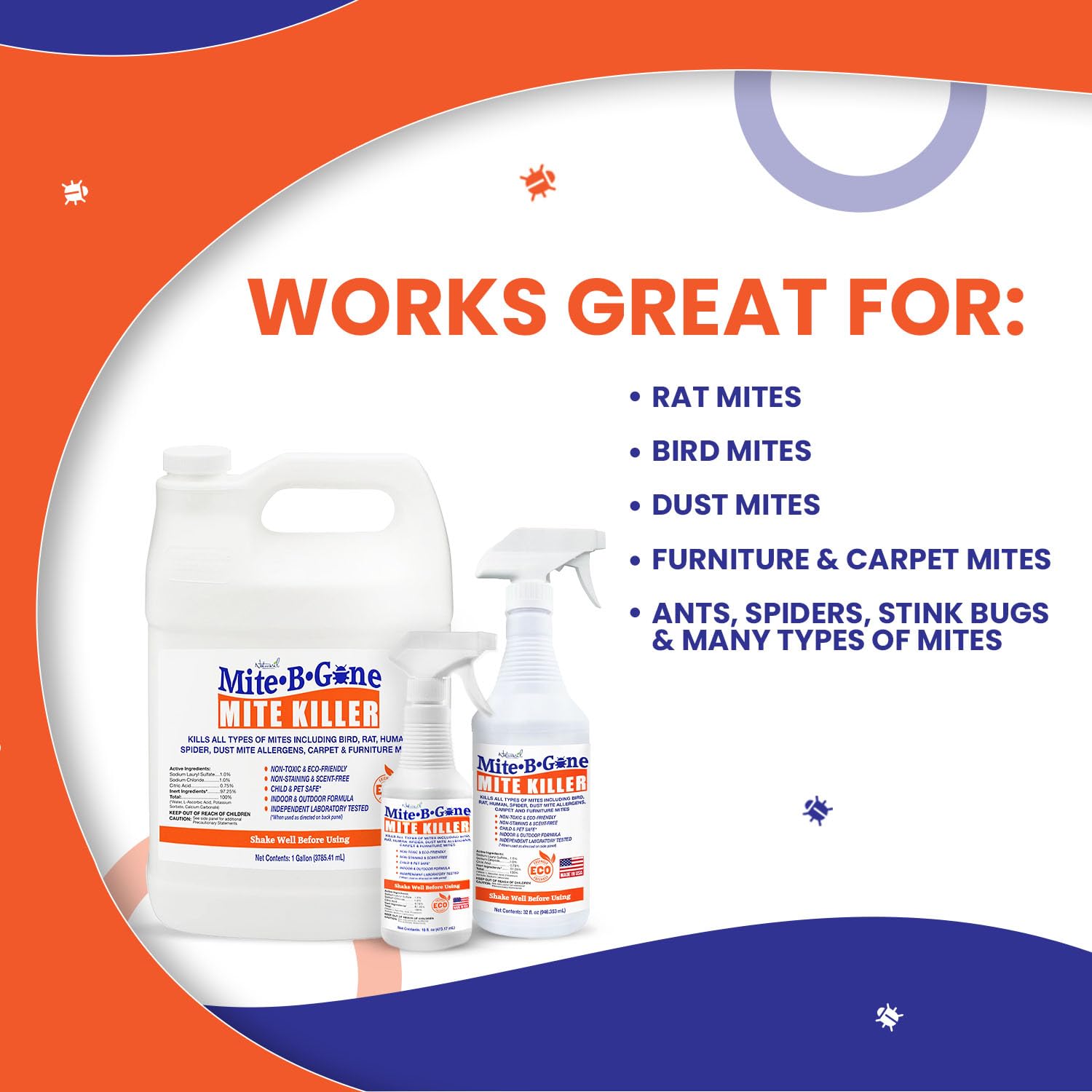 Mite Killer Spray by Mite-B-Gone β Kills Human Mites, Bird, Dust, Spider, Rat, Turkey, Carpet Mites. Treatment for Homes, Furniture, Bedding, Auto & Animals | Non-Toxic | Kid & Pet Safe | 16oz Spray