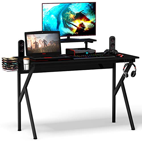 Tangkula Gaming Desk Computer Desk, Gaming Workstation with Cup and Headphone Holder, K-Shaped Gamer Table, PC Laptop Table for Pro Gamer