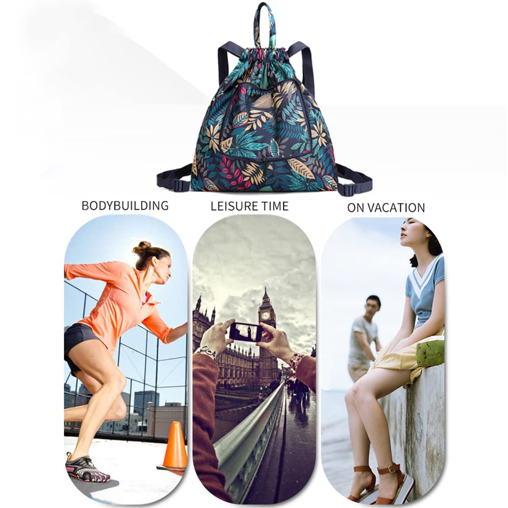 KITENROM Collapsible Reusable Grocery Bag Drawstring Backpack Large Travel Tote Bags String Sackpack for Gym Shopping Yoga Blue Leaf