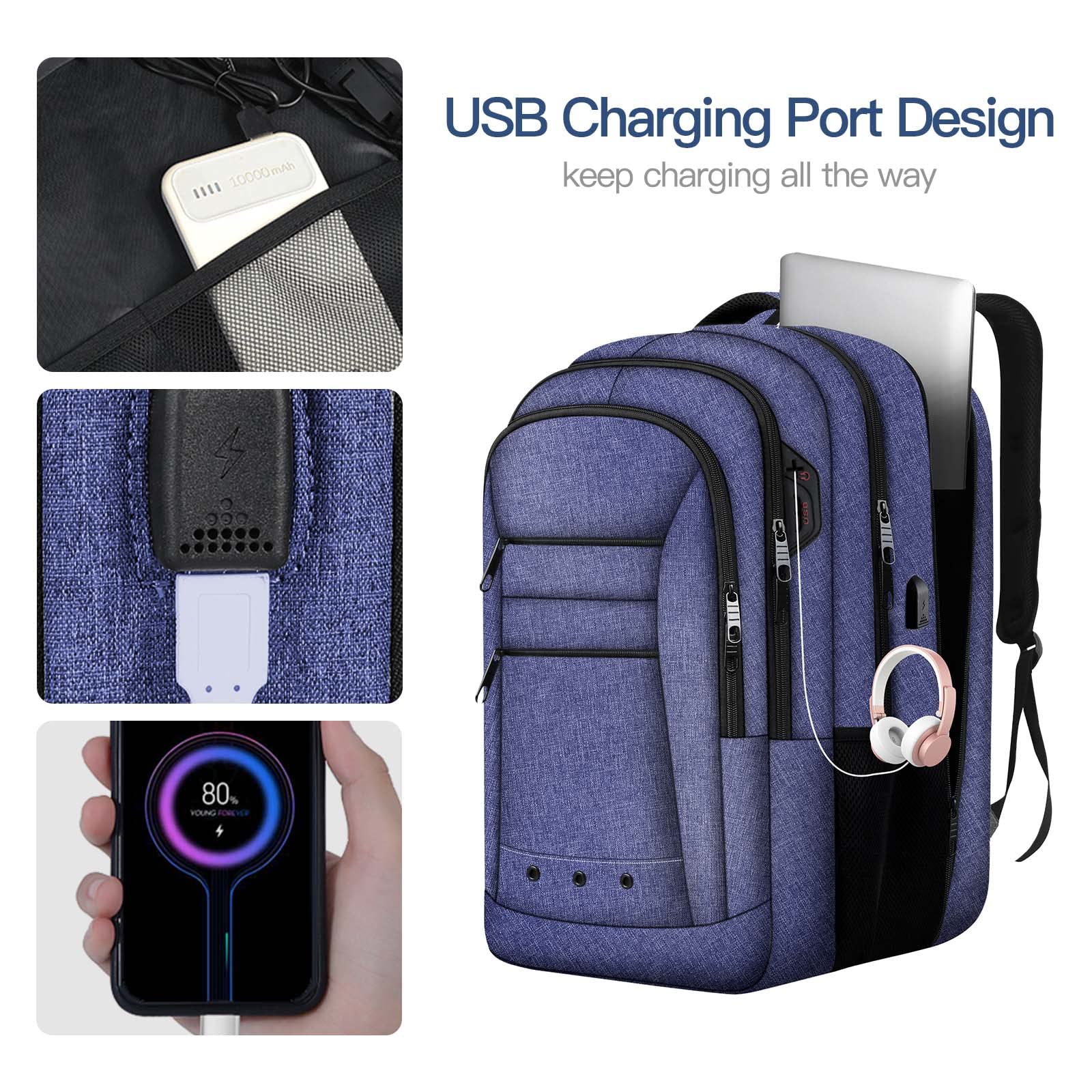 Large Backpack, Travel Backpack, Laptop Backpack, Durable 17 Inch Extra Large TSA Computer Backpacks with USB Charging Port, 40L High Capacity Water Resistant TSA Carry on Computer Business Bag, Blue