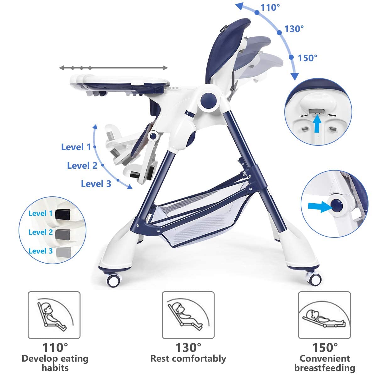 INFANS High Chair with One-Hand Removable Tray, 4 Lockable Wheels & Large Storage Basket - Multi-Adjustable Height, Recline & Footrest, Removable Cushion, Foldable for Baby, Infant& Toddler (Navy)