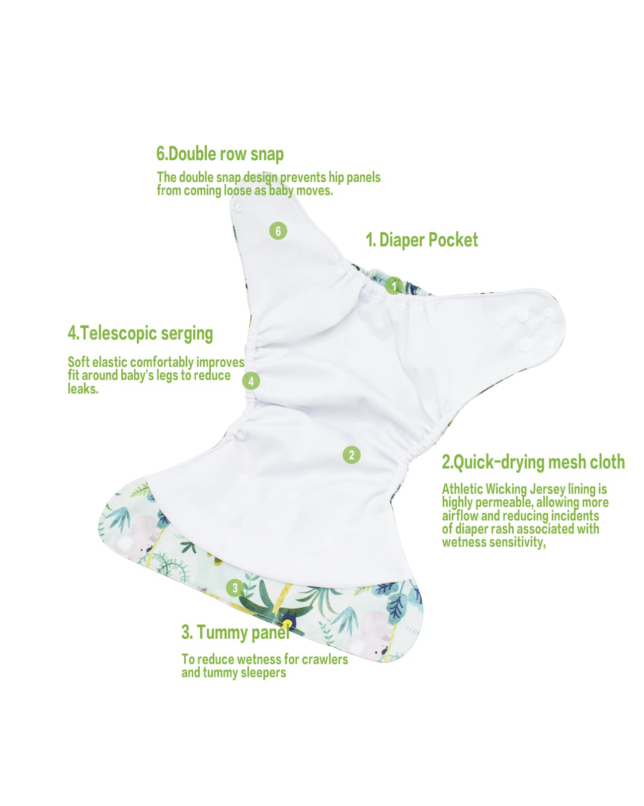 Mumsbest Cloth Diaper for Baby Girls and Boys with Tummy Panel, 6 Pack Reusable Adjustable Washable AWJ Lining Pocket Nappy with 6 Inserts & 1 Wet Bag(Unisex)