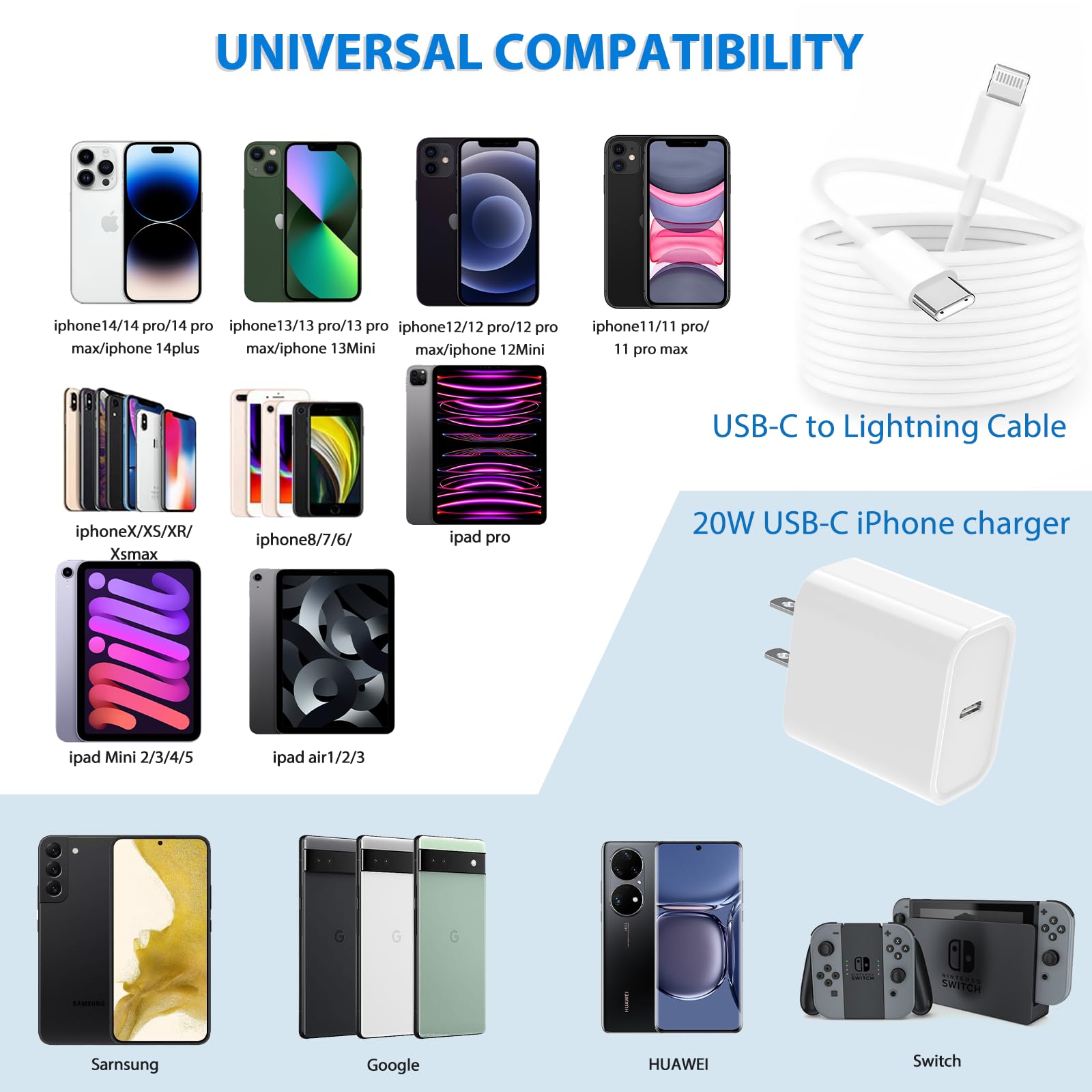 iPhone Charger, 2 Pack 20W PD USB C Wall Fast Charger Adapter with 2 Pack 10FT Long Type C to Lightning Cable Compatible with iPhone 14 13 12 11 Pro Max XR XS X,iPad