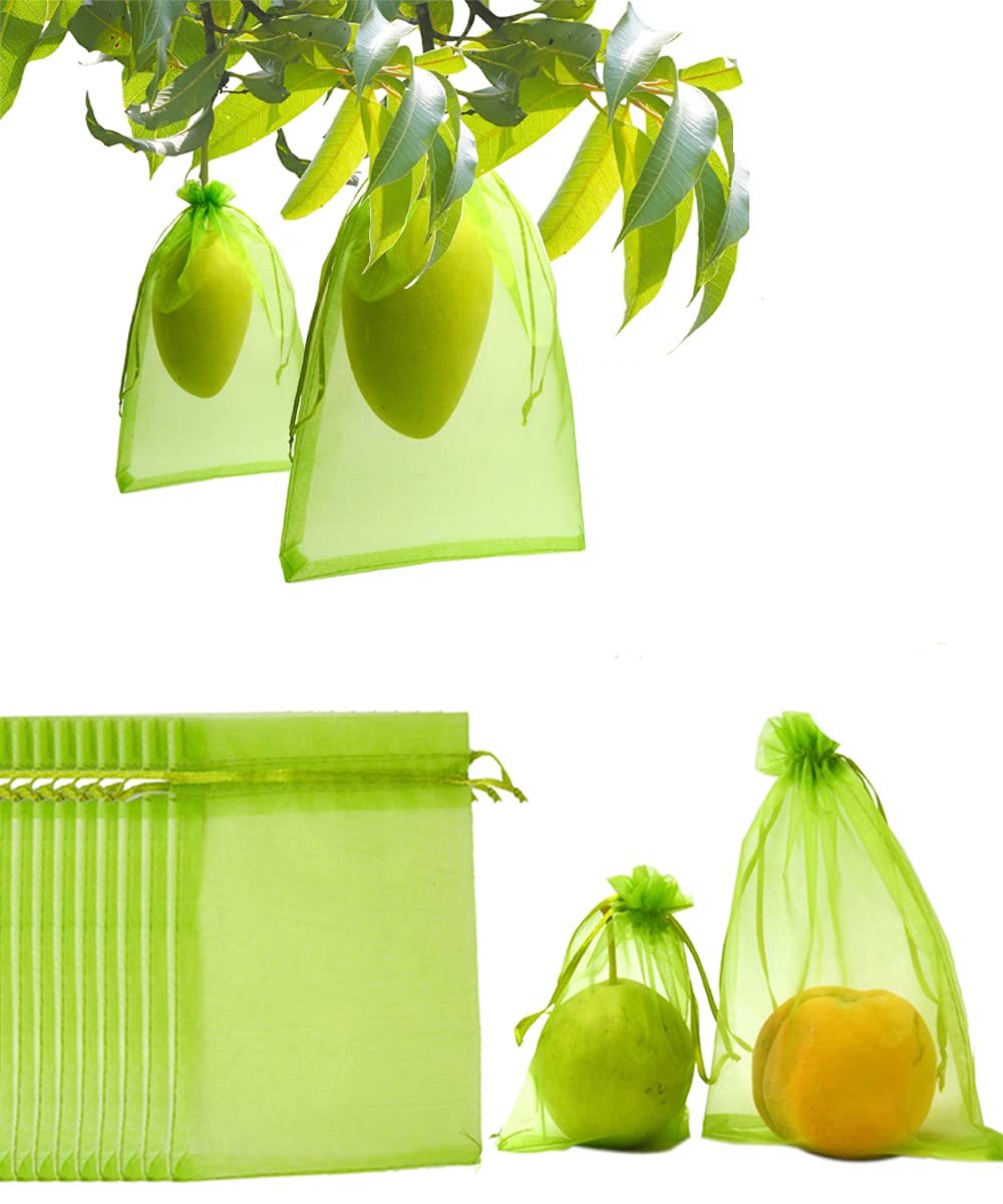 Miuezuth 50PCS Fruit Protection Bags, 5.9x3.9'' Green Netting Bags for Fruit Trees, Garden Fruit Cover Mesh Bags with Drawstring for Plant Fruit Flower and Vegetables