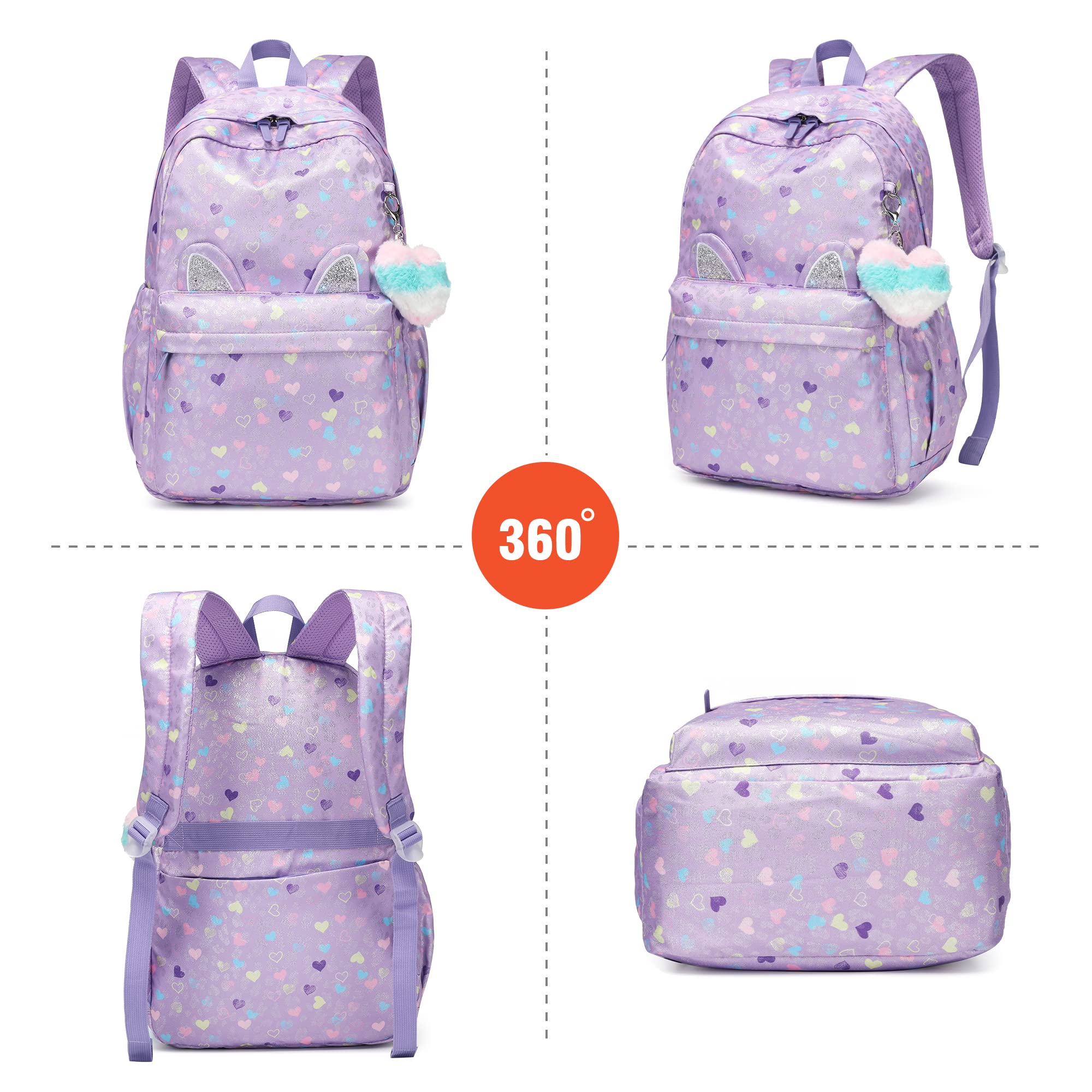 Kids Backpack Girls Light Purple Waterproof Large Space School Backpack Suitable for Age for Over 6 years old Lightweight Travel Cat Ear Heart Keychain Children Backpack(Light Purple Peach Heart)