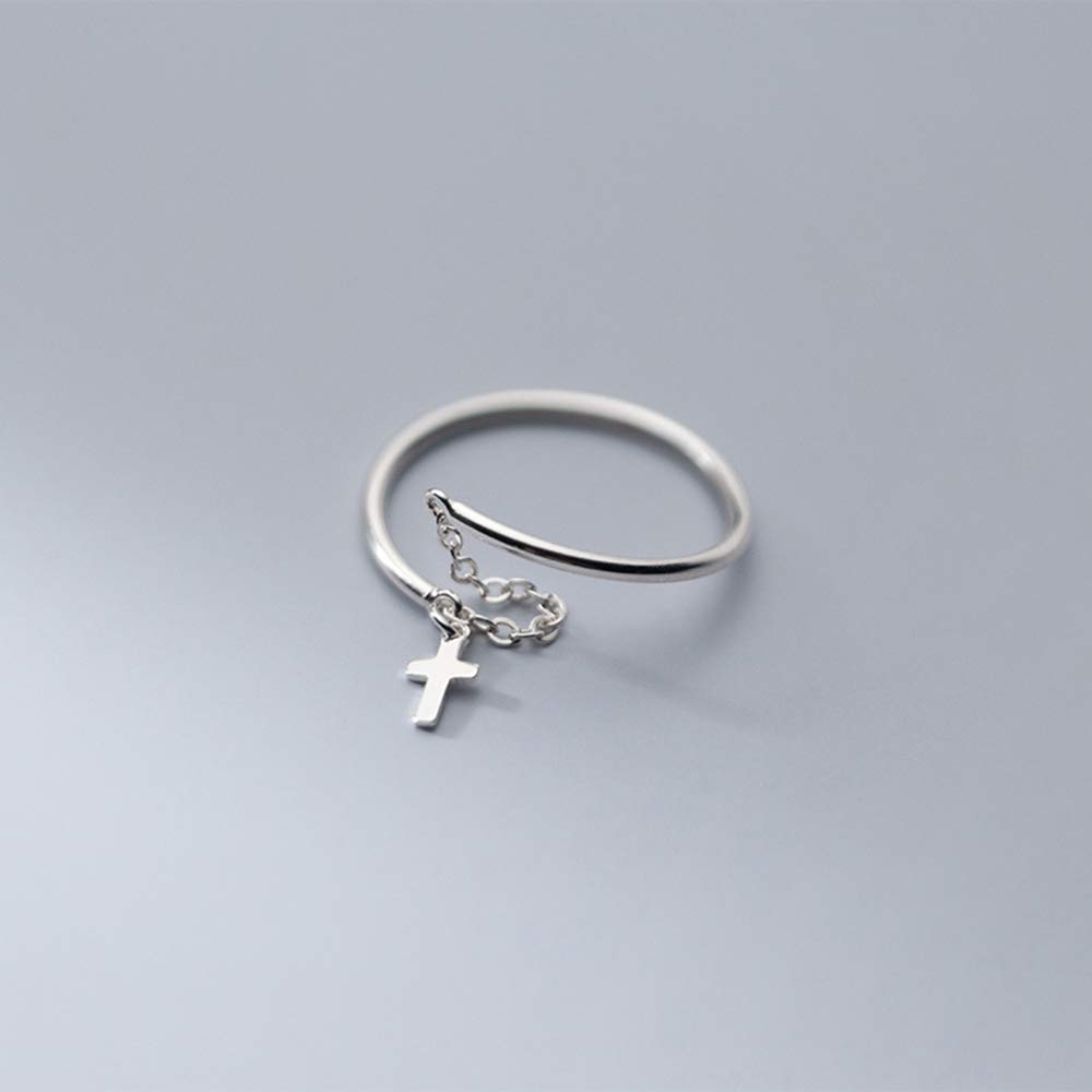 Izpack Minimalist Cross Stacking Rings Sterling Silver 925 for Women Girls Men Adjustable Simple Tassel Chain Dangle Charm Faith Hope Love Eternity Promise Ring Wrap Finger Statement Band Jewelry