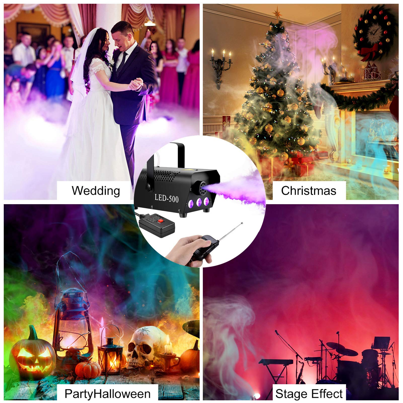 IPHUNGO 500W & 3000 CFM Fog Smoke Machine Controllable Lights with Fuse Protection - 3 LED Lights & 13 Colors & 1 Wired Receiver and 2 Wireless Remote Controls Perfect for Wedding, Party, Stage Effect