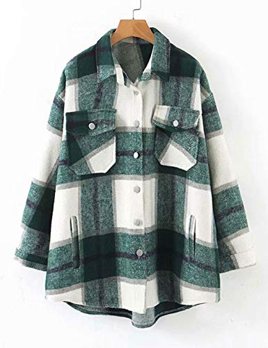 Tanming Womens Brushed Flannel Plaid Lapel Button Short Pocketed Shacket Shirts Coats(01 Green-M)