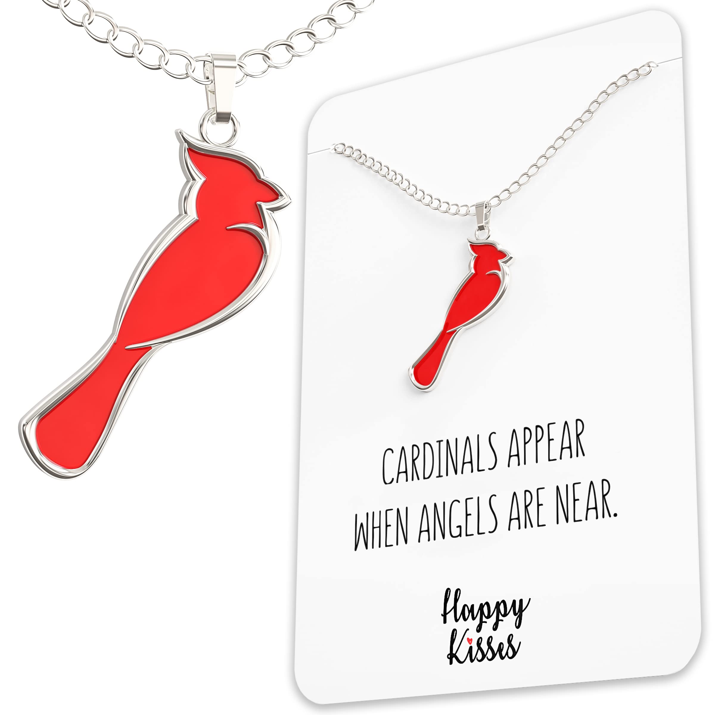 Happy Kisses Cardinal Necklace For Women – Cute Red & Silver Charm – Cardinals Appear When Angels Are Near Message Card