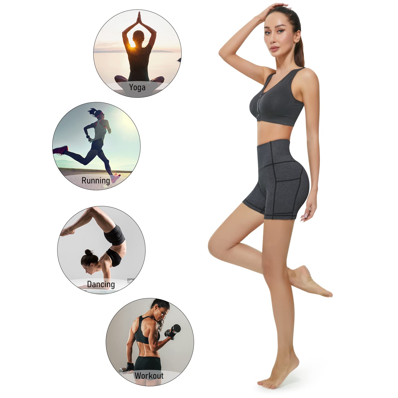 KKB Women's 8''/5'' High Waist Active Wear Shorts Yoga Leggings, Tummy Control Workout Shorts Side Pockets Running Pants (Medium, 8"-Charcoal)