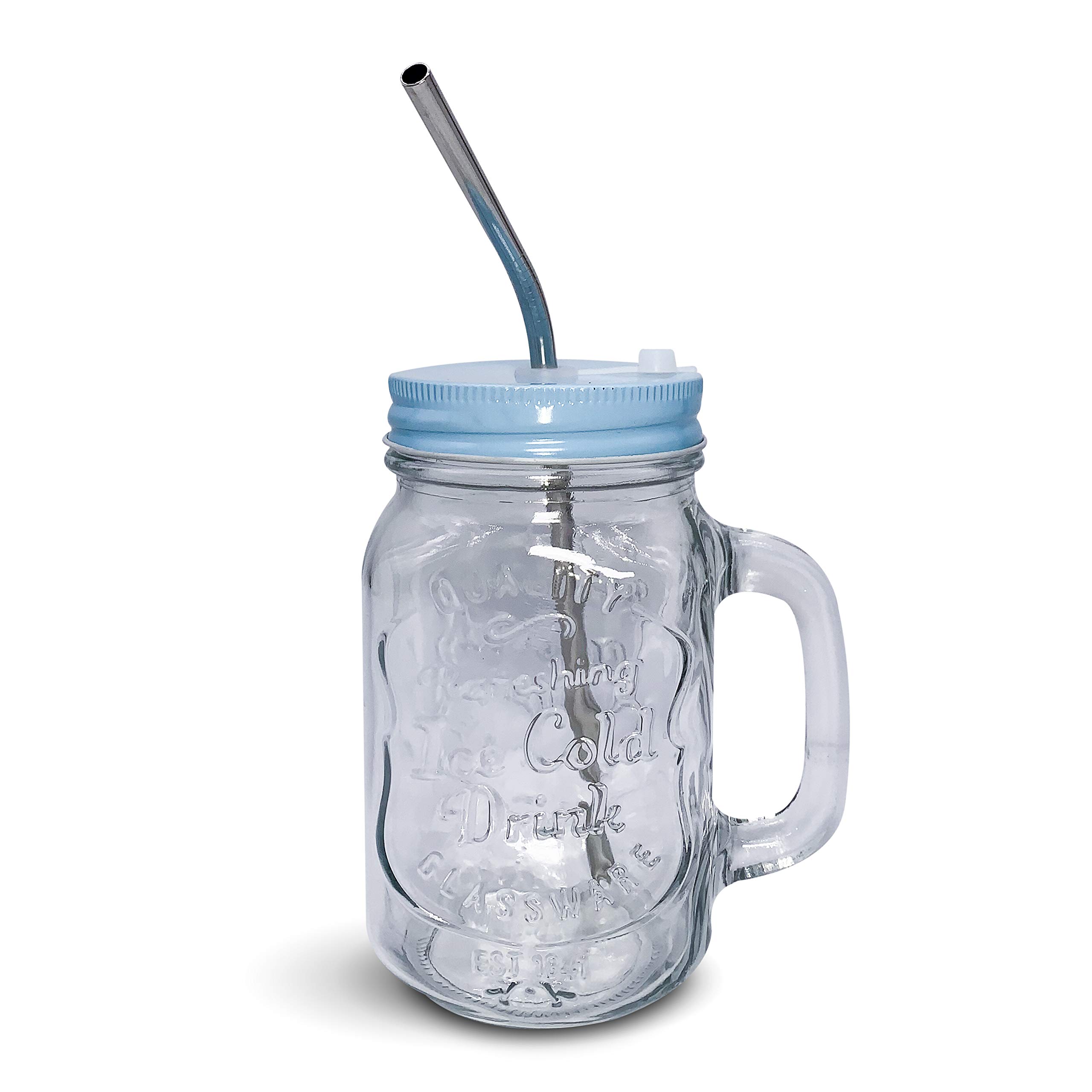 Home Suave Mason Jar Mugs with Handle, Regular Mouth Colorful Lids with 2 Reusable Stainless Steel Straw, Set of 2 (Light Blue), Kitchen GLASS 16 oz Jars,Refreshing Ice Cold Drink & Dishwasher Safe